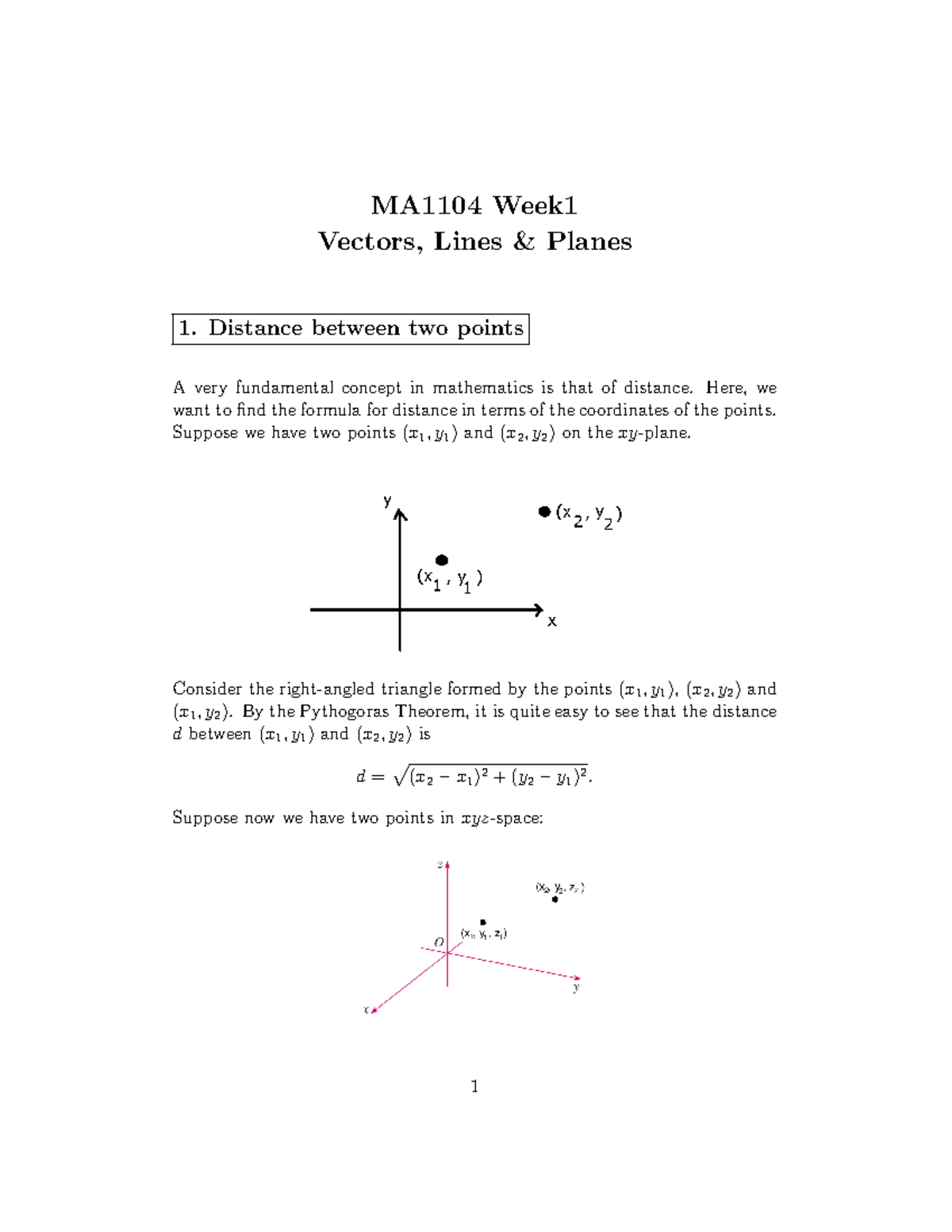 Week 01 Lecture Notes Printed - MA1104 Week1 Vectors, Lines Planes 1 ...