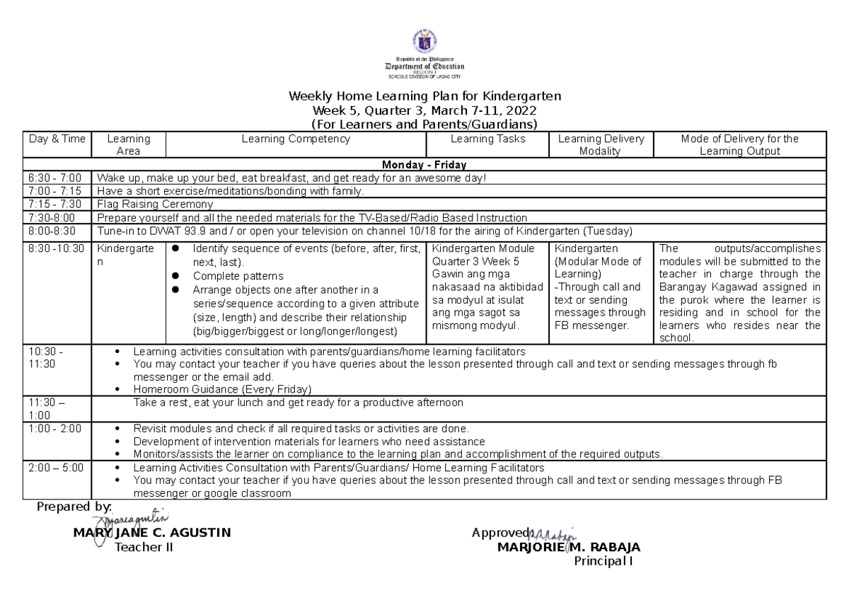 WHLP Quarter 3 Week 5 - Weekly Home Learning Plan for Kindergarten Week ...