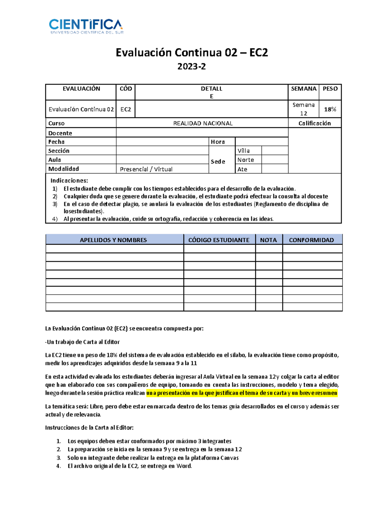EEC2-RRealidad Nacional - Evaluaciones EC2 2023-2 - Evaluación Continua 02 – EC 2023 - 2 ...