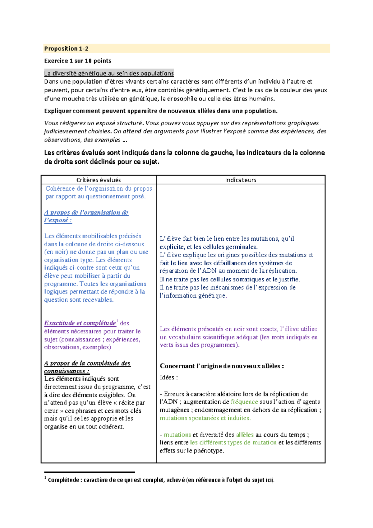 EC Spe SVT correction 1-2 - Proposition 1- 2 Exercice 1 sur 10 points La diversité génétique au ...