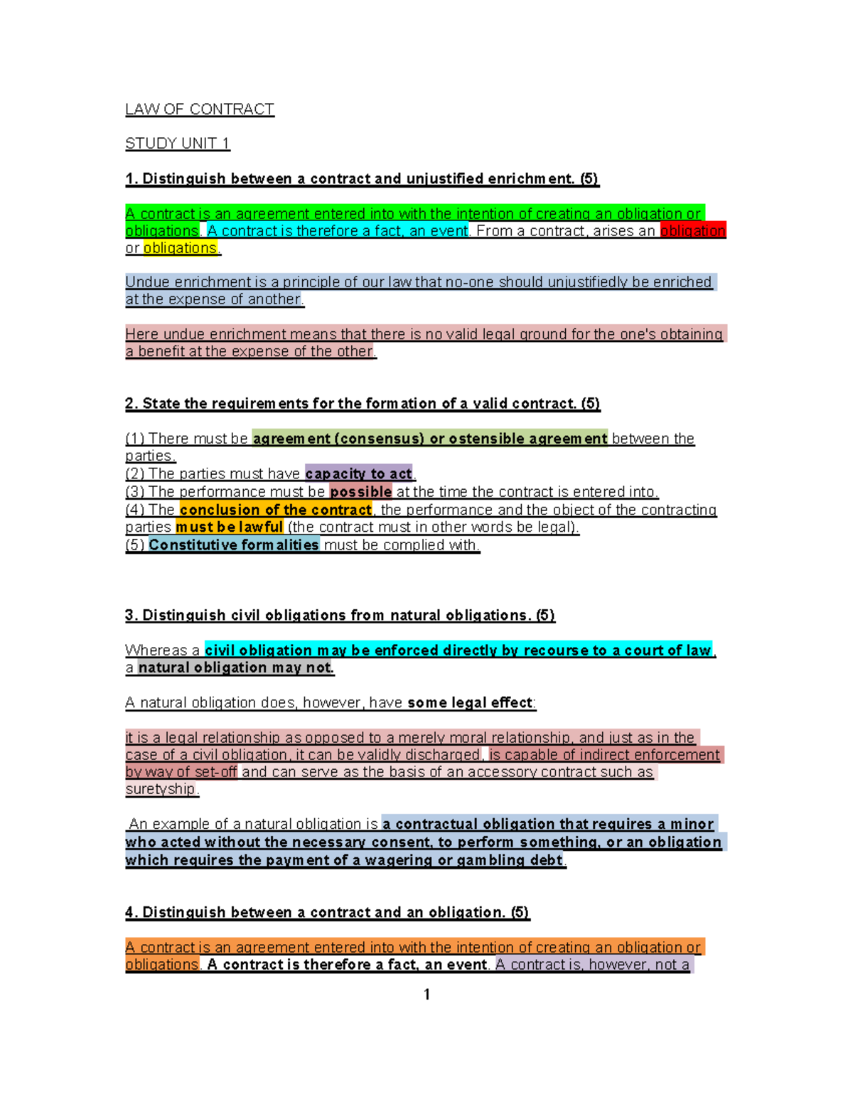 Exams questions - Llb - LAW OF CONTRACT STUDY UNIT 1 Distinguish between a contract and ...