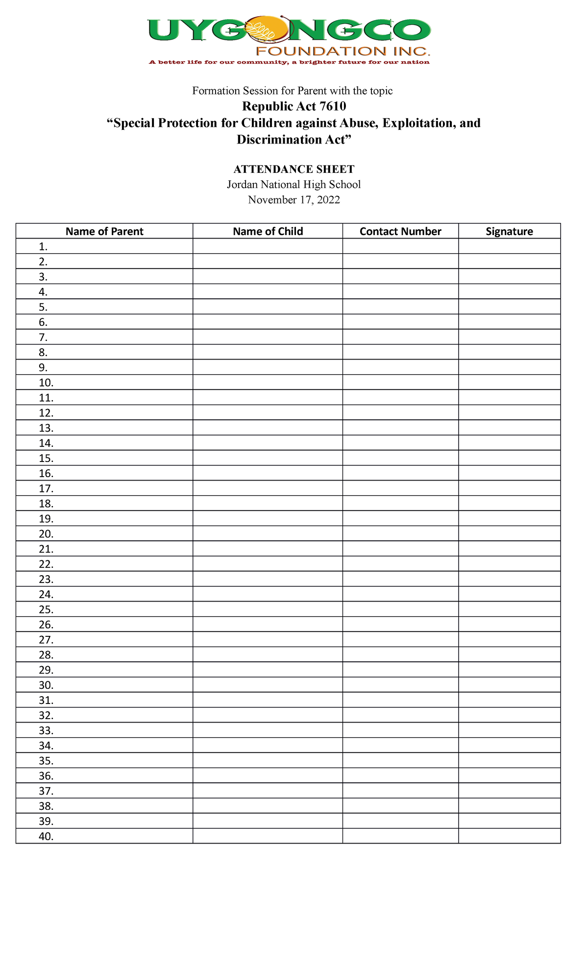 Attendance Sheet FOR Parents - Formation Session for Parent with the ...