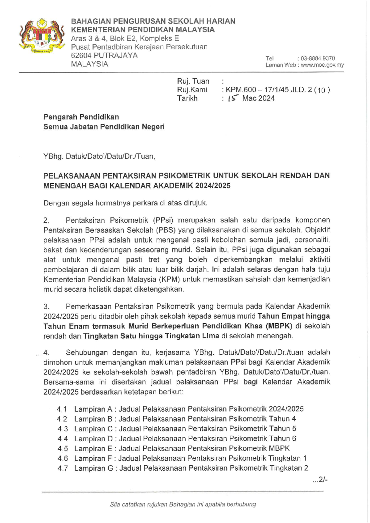 Surat Pelaksanaan PPsi 2024 - KPM-17/1/45 JLD. 2 ( ) Sila catatkan ...