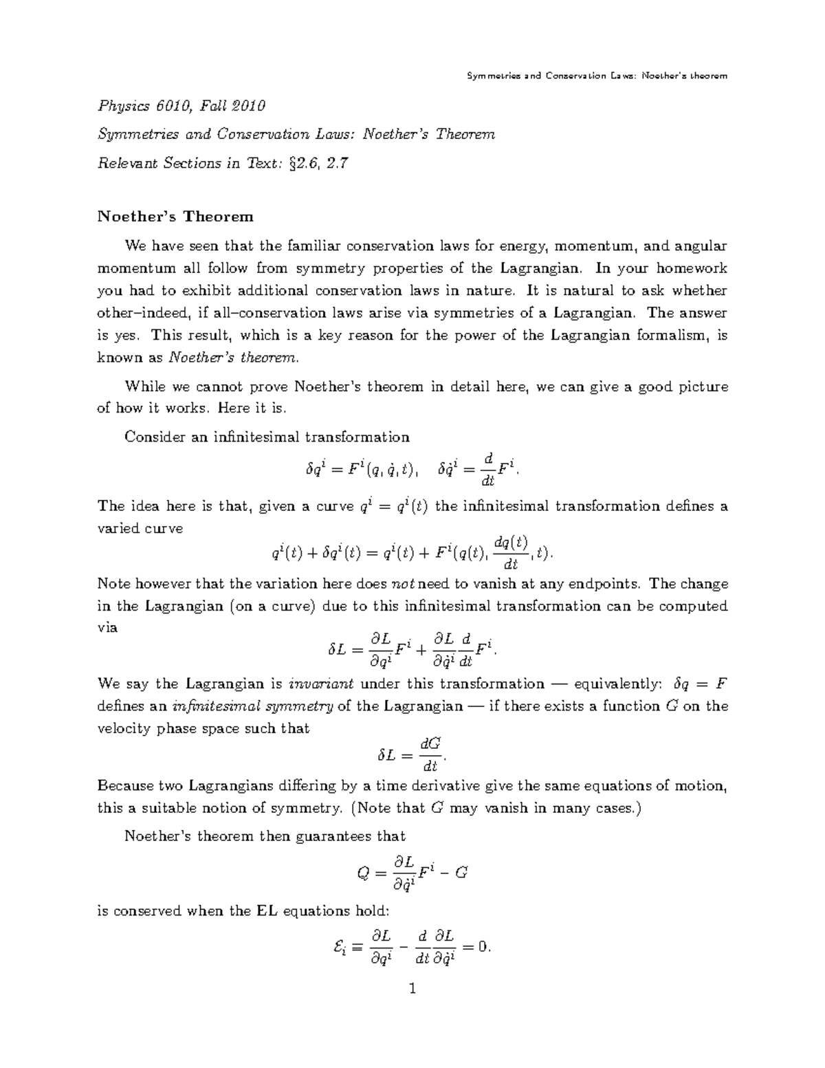 05.pdf Noether's Theorem - Symmetries and Conservation Laws: theorem Physics 6010, Fall 2010 ...