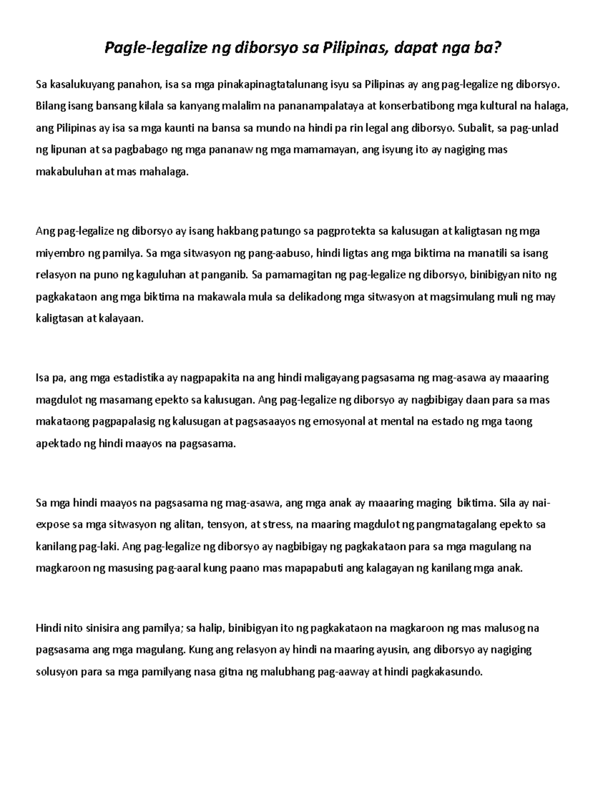 Diborsyo - argumentative - Pagle-legalize ng diborsyo sa Pilipinas ...