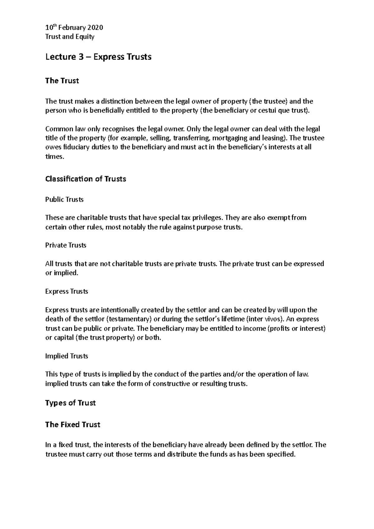 L3 Express Trusts - Trust and Equity Lecture 3 – Express Trusts The Trust The trust makes a ...