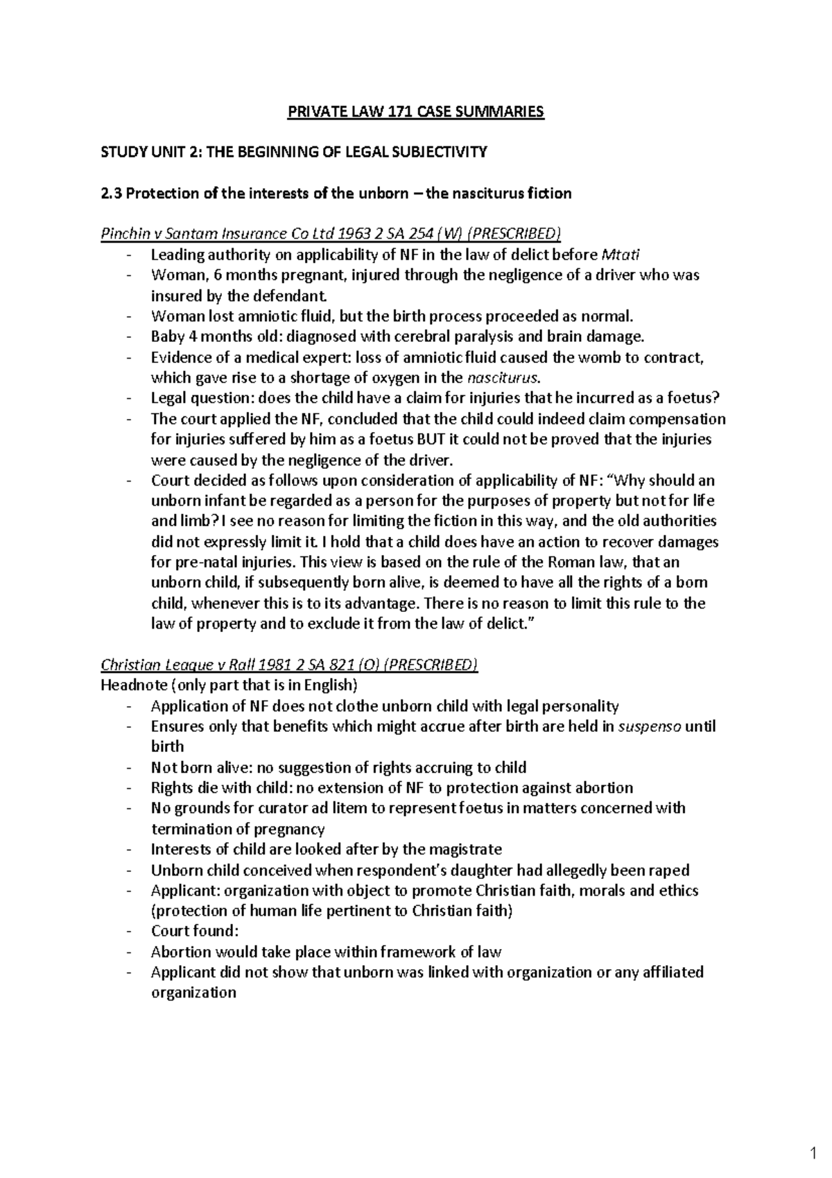 Private Law 171 Case Summaries 2020 Preview - PRIVATE LAW 171 CASE ...