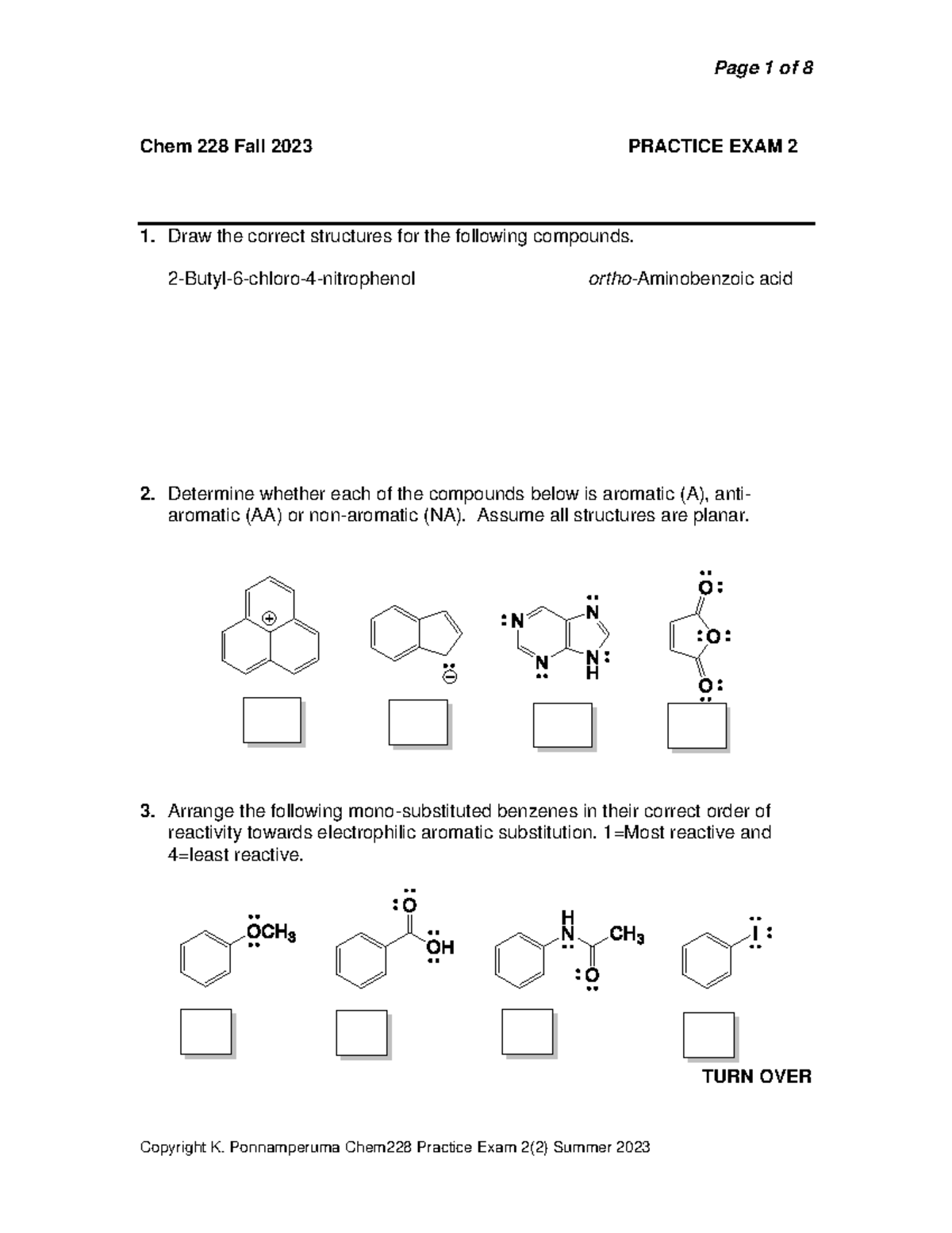 Practice Exam 2 - Chem 228 Fall 2023 PRACTICE EXAM 2 Draw the correct ...