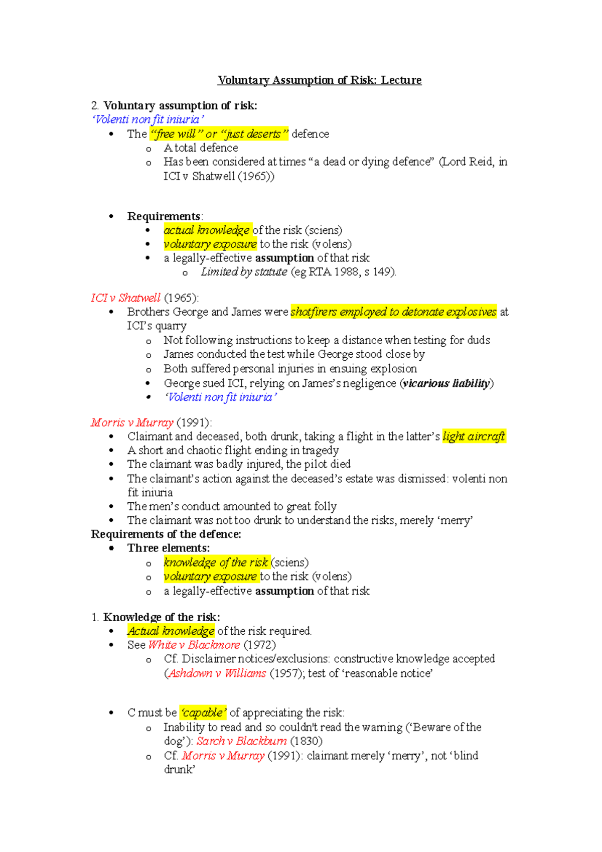 Defences in Tort: Lecture Notes - Voluntary Assumption of Risk: Lecture ...
