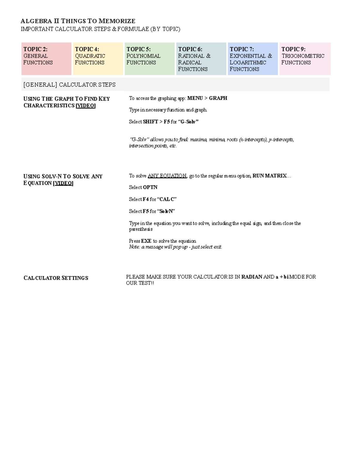 Algebra II - Things To Memorize - ALGEBRA II THINGS TO MEMORIZE ...