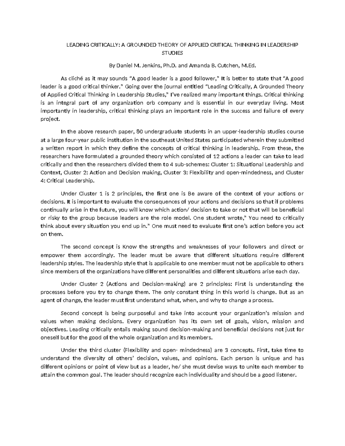 Journal Review 2- Alyssa Javier - LEADING CRITICALLY: A GROUNDED THEORY ...