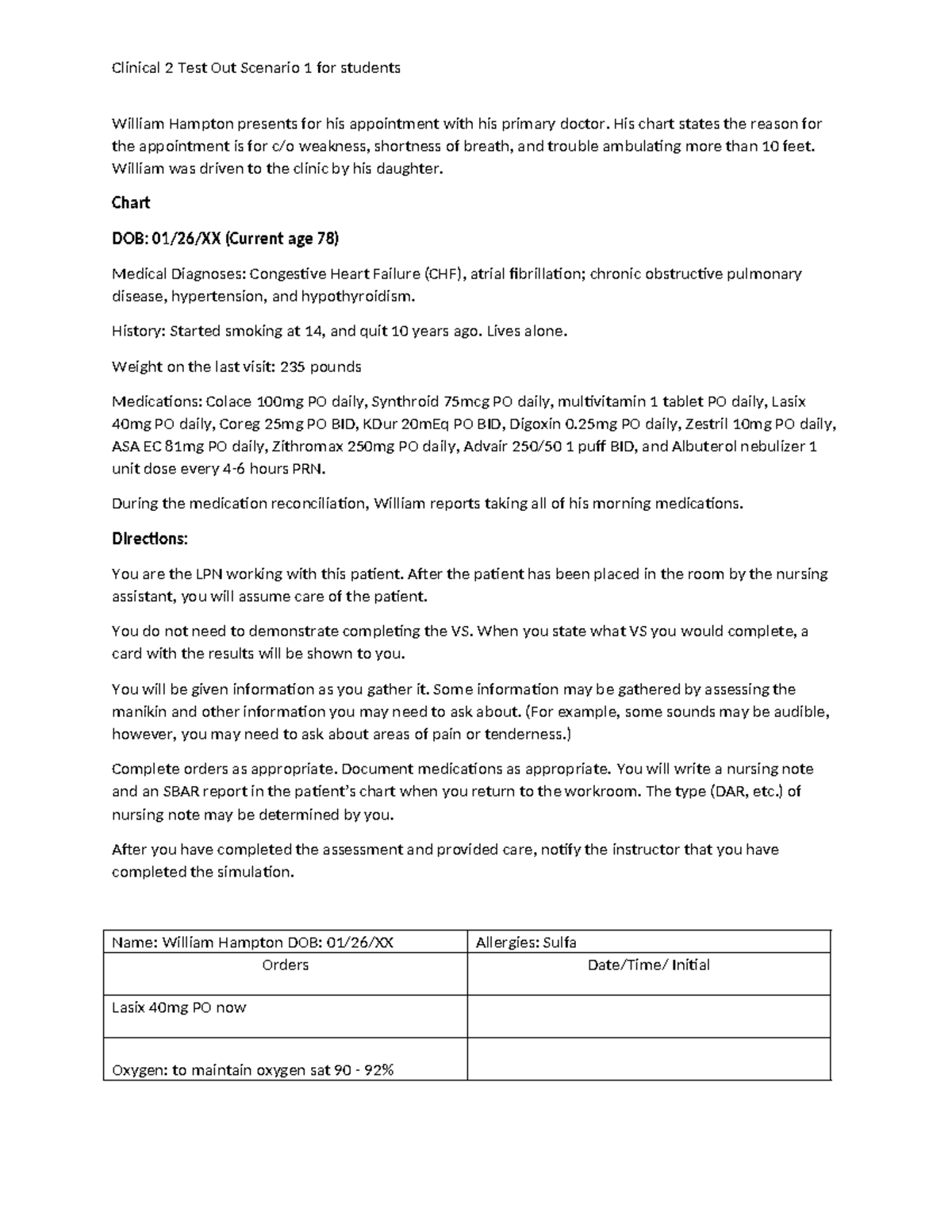Clinical test out scenario 1 for students - Clinical 2 Test Out ...