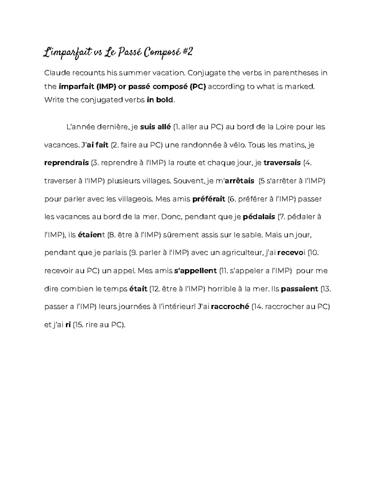 Samantha Cordova Martinez - Imparfait Vs PCWorksheet#2 - L'imparfait vs ...