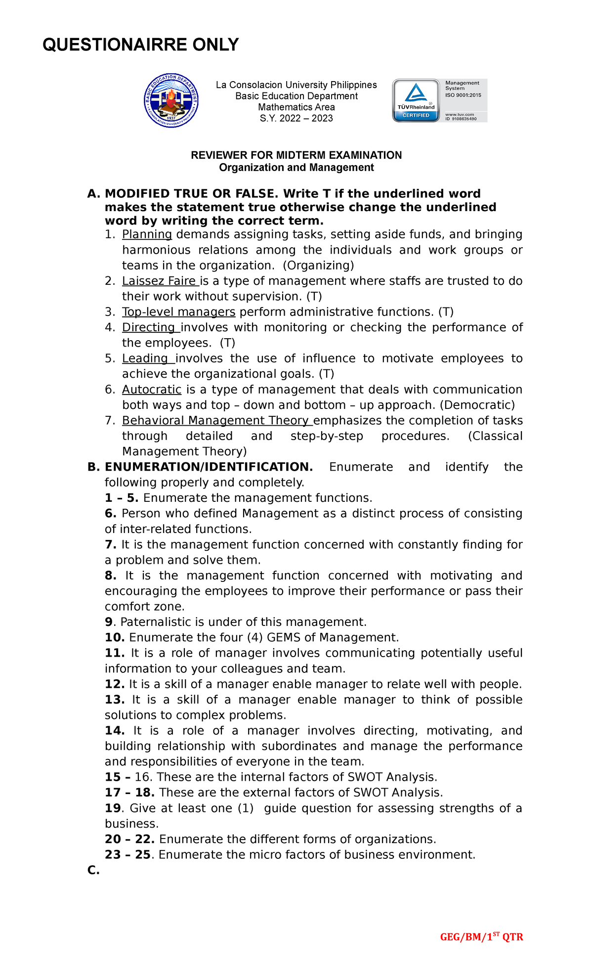 Quiz No. 1 - Org man - Organization and management test ...