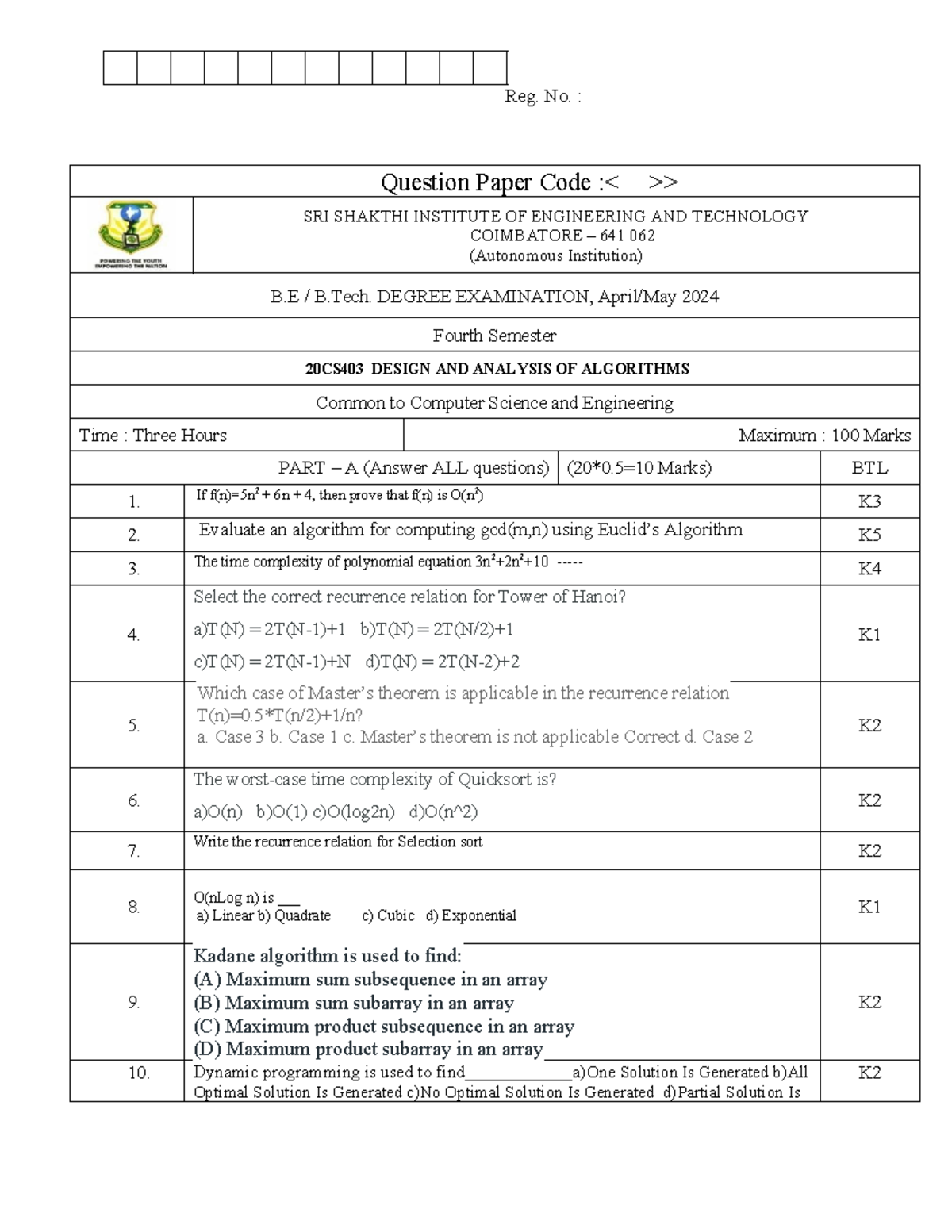 DAA - algorithm - Reg. No. : Question Paper Code : > SRI SHAKTHI ...