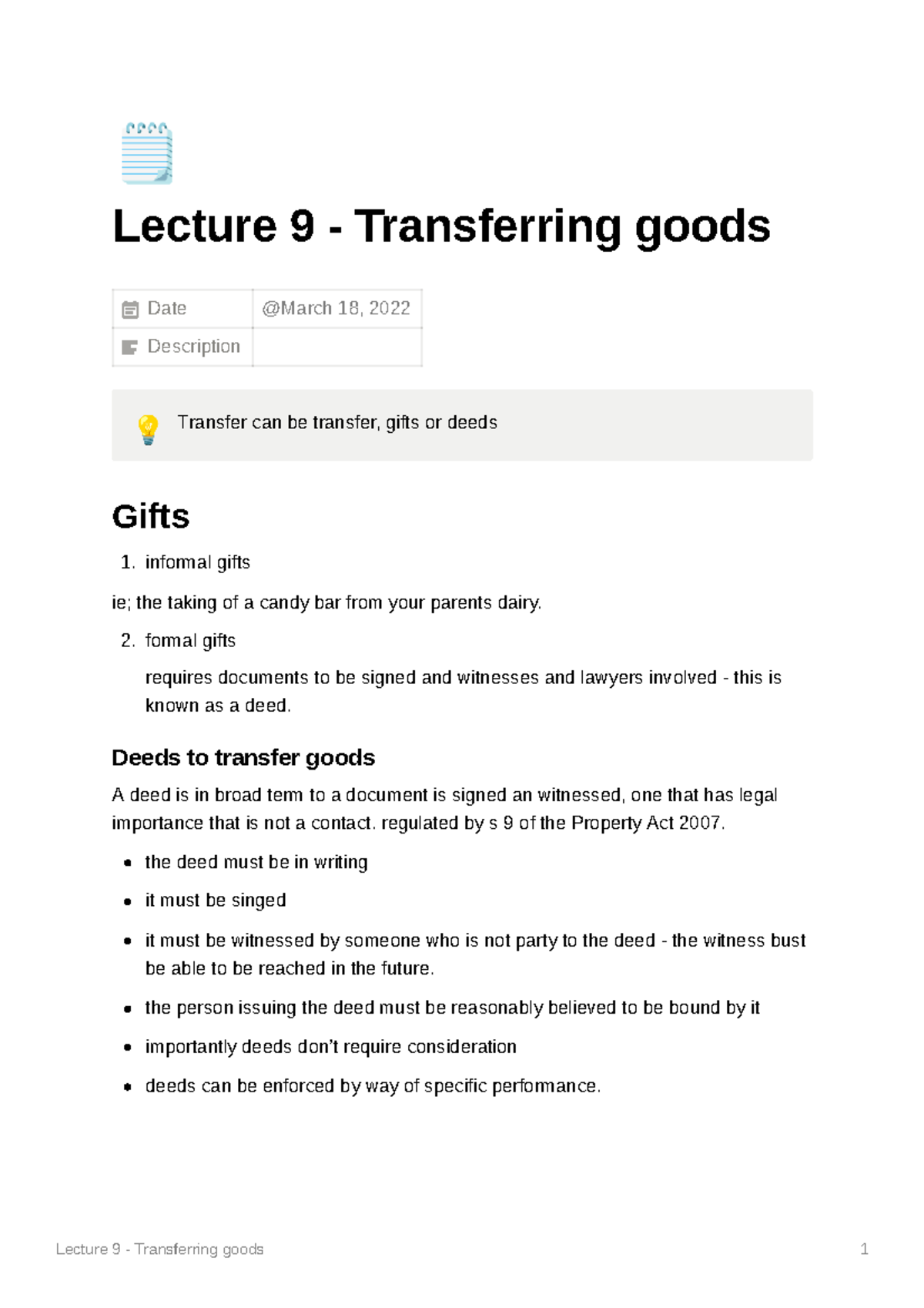 Lecture 9 - Transferring goods - 🗒 Lecture 9 - Transferring goods Date Description 💡 Transfer ...