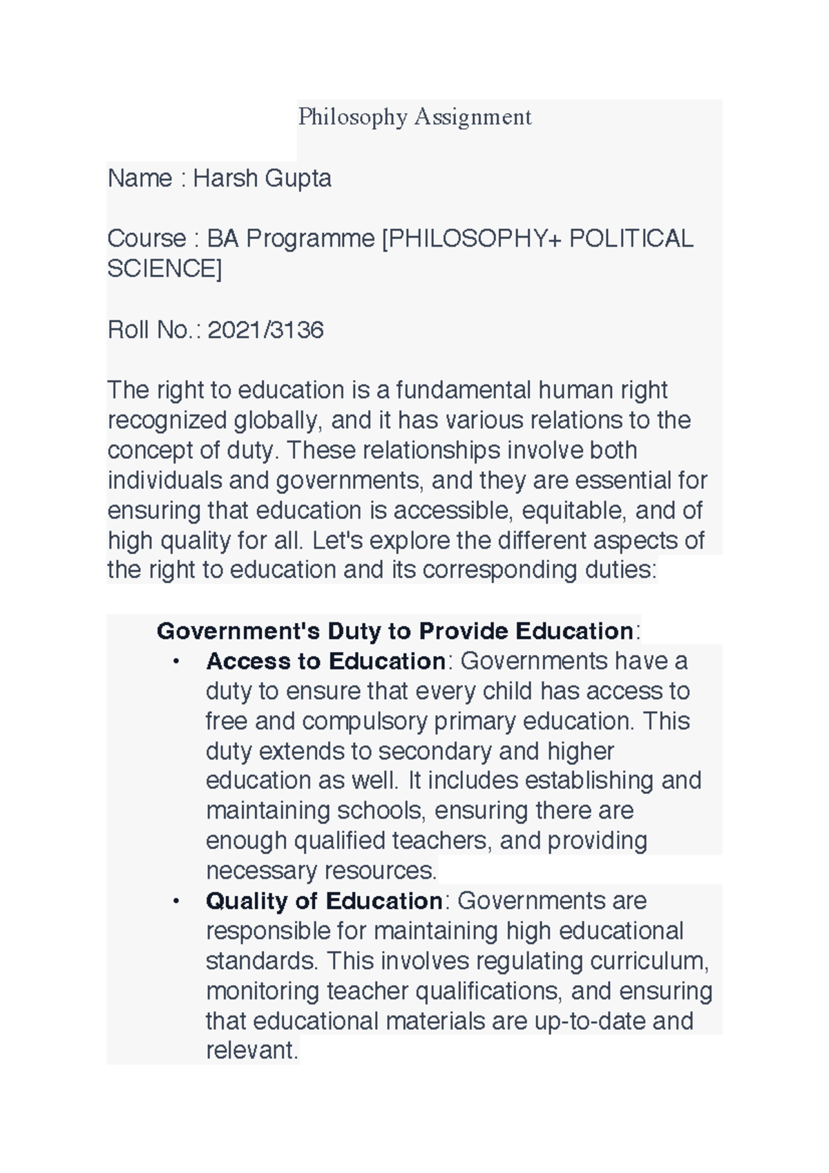 Philosophy Assignment - Philosophy Assignment Name : Harsh Gupta Course ...
