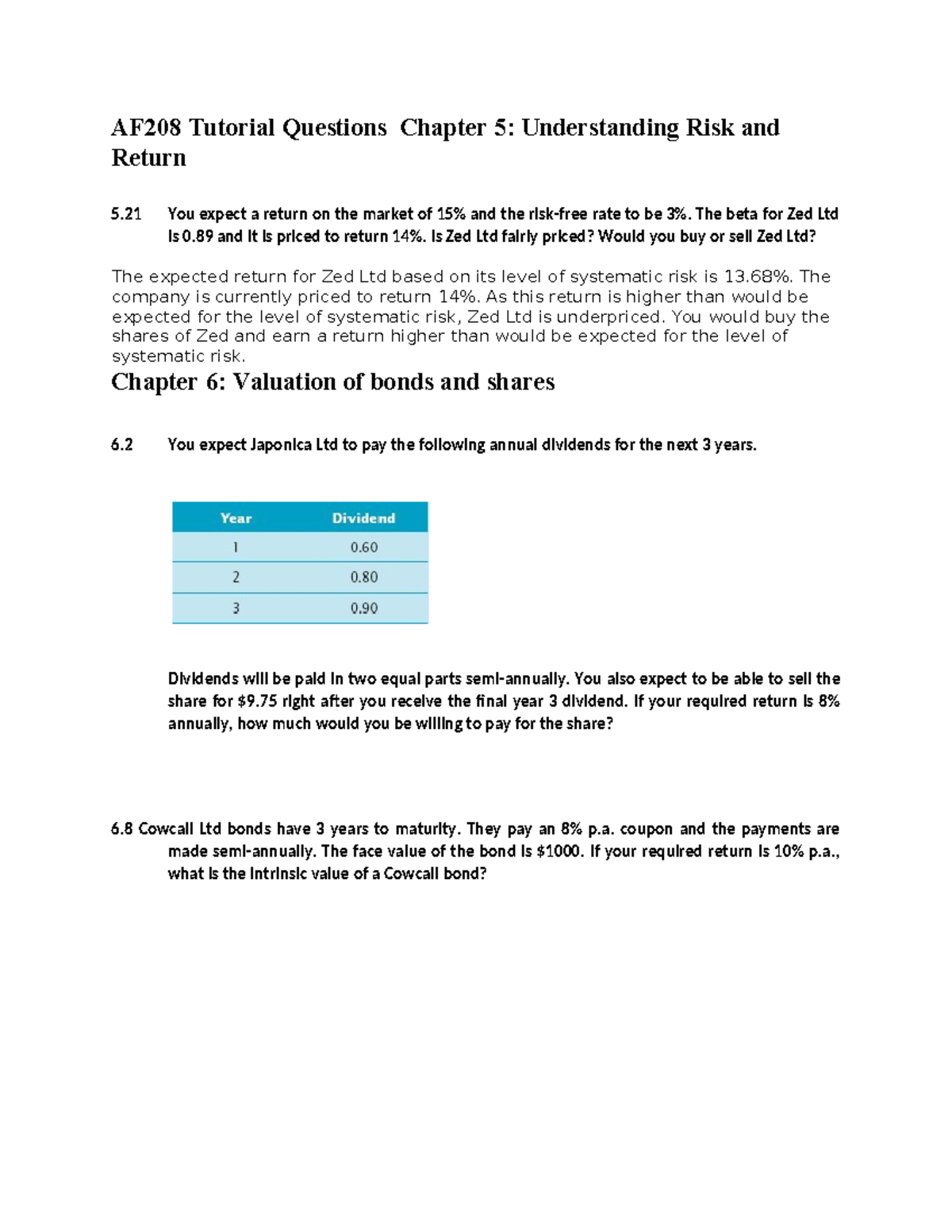 AF208 Chp 5n6 Questions - AF208 Tutorial Questions Chapter 5: Understanding Risk and Return 5 ...