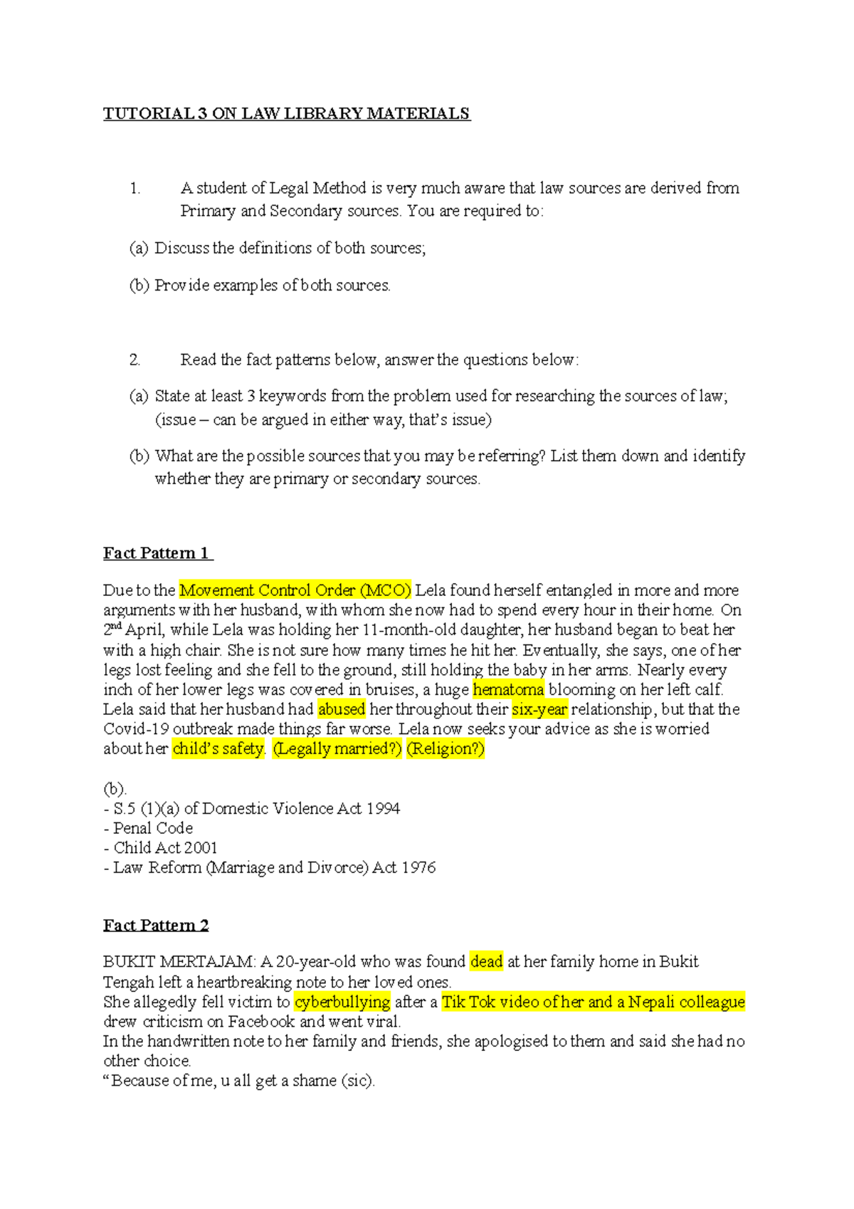 339404 T3 - LLibrary - TUTORIAL 3 ON LAW LIBRARY MATERIALS A student of ...