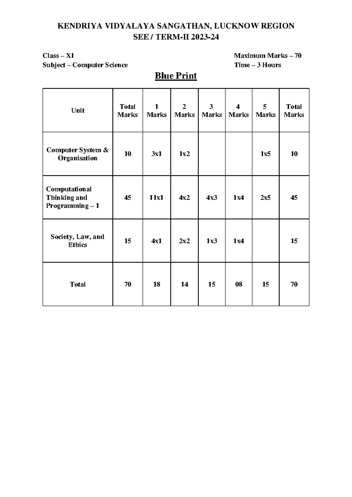 11 COMP SC BP - Board Paper - KENDRIYA VIDYALAYA SANGATHAN, LUCKNOW REGION SEE / TERM-II 2023 ...