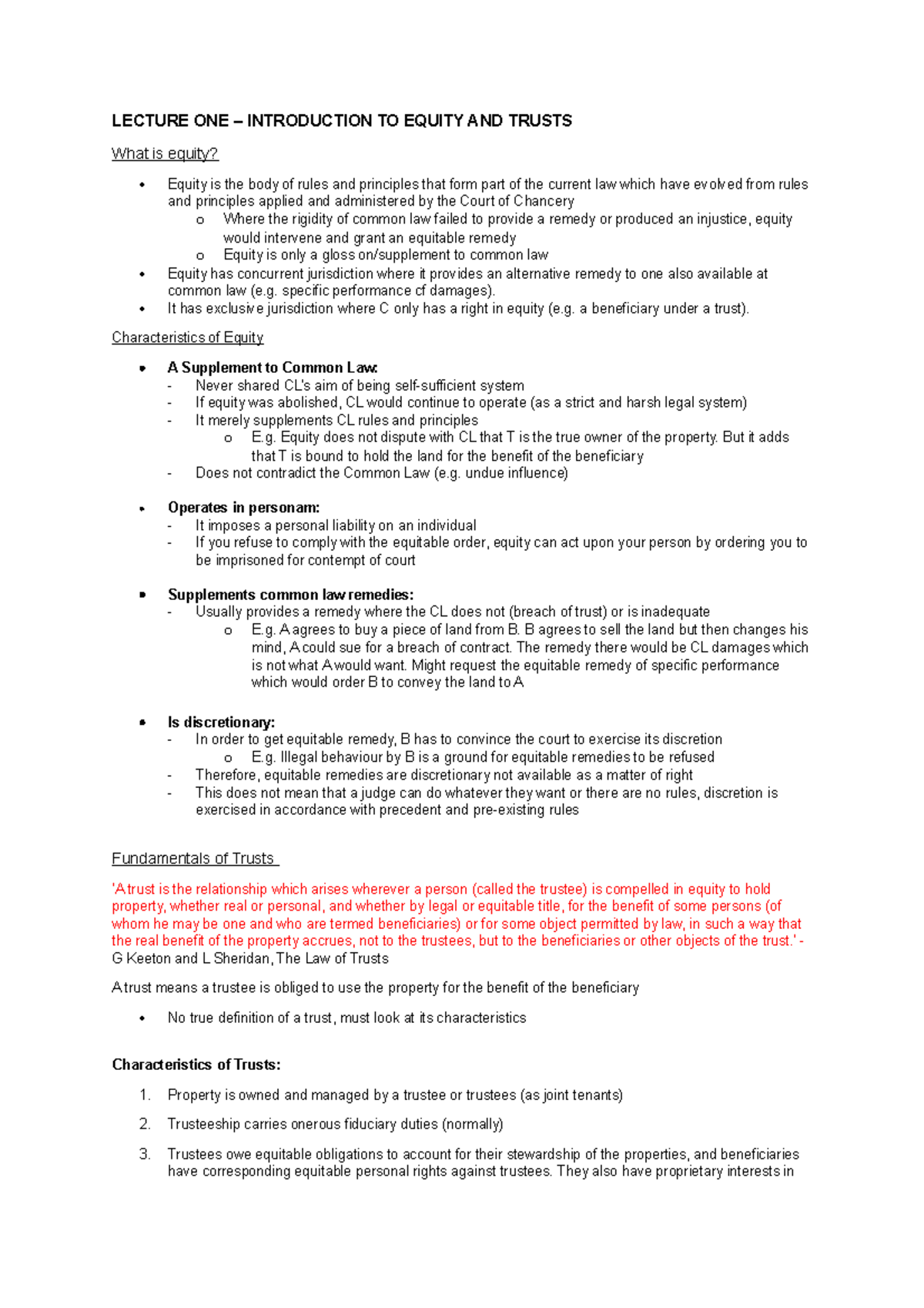 Introduction to Equity and Trusts - Studocu