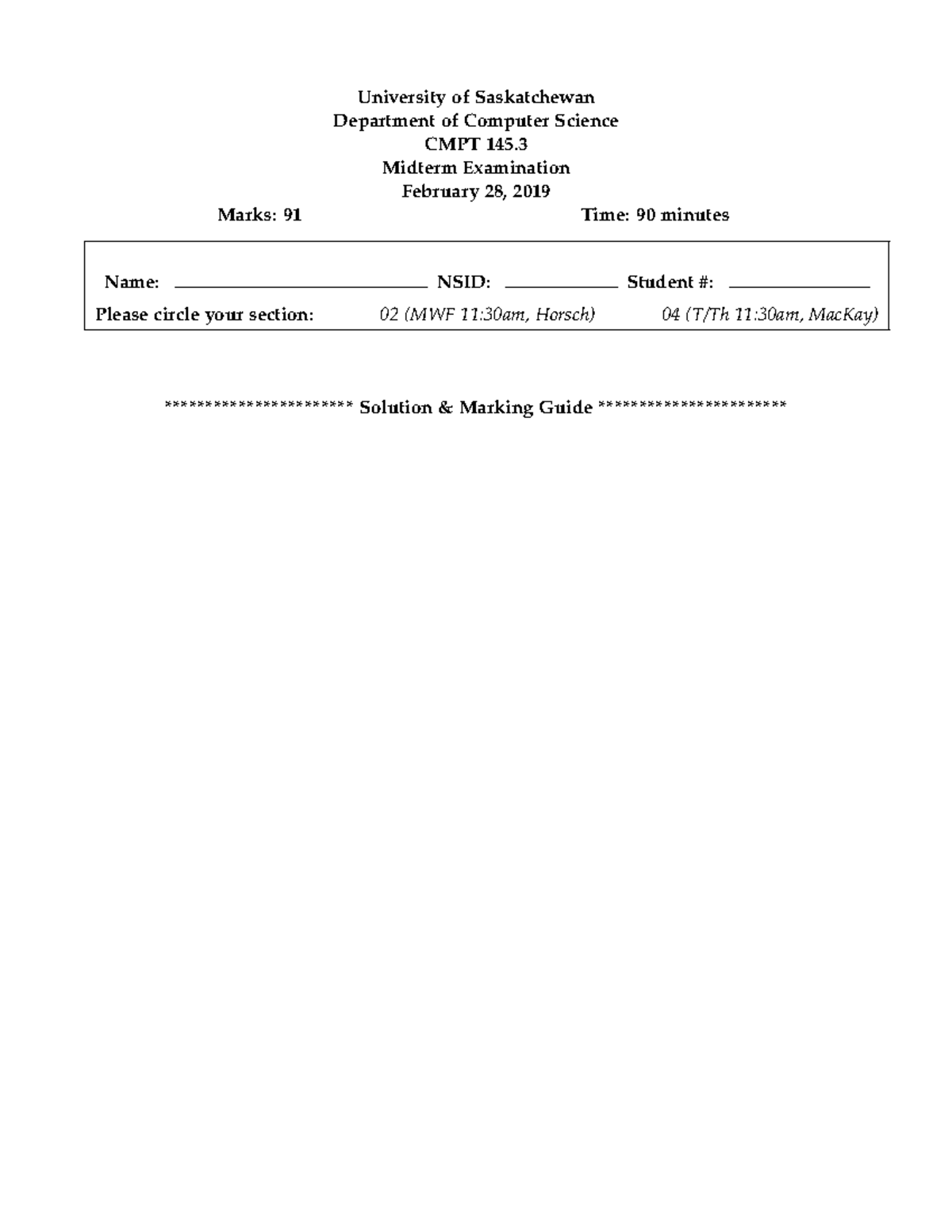 Midterm solutions - University of Saskatchewan Department of Computer ...