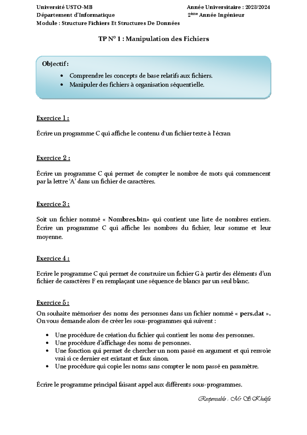 TP1-SFSD - mslkjmlqksj m - Université USTO-MB Année Universitaire ...