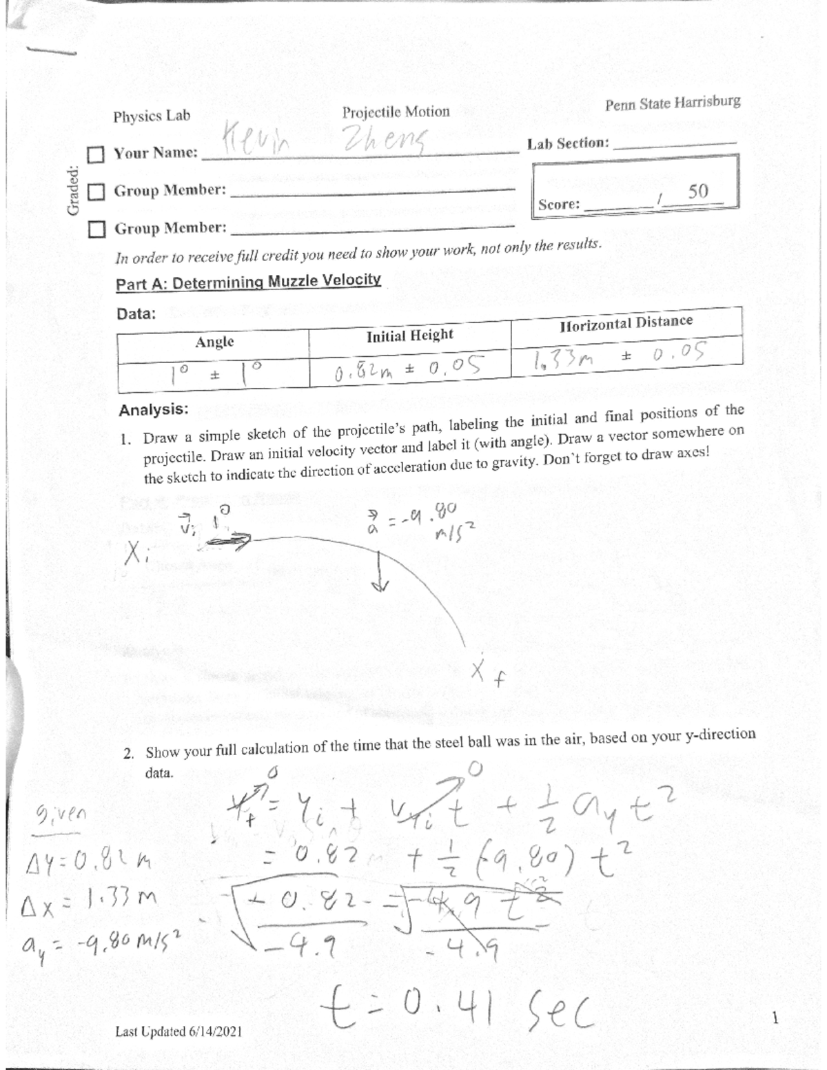 Lab 3 physics 250. - Physics Lab Your Name: ais Projectile Motion Penn ...
