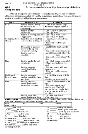 English 8 Quarter 1 - Module 3 - Q. 1: Use modal verbs, nouns and ...