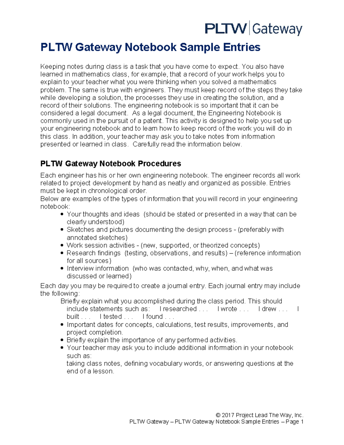 Gateway Pltwgateway Notebook Sample Entries - PLTW Gateway Notebook ...