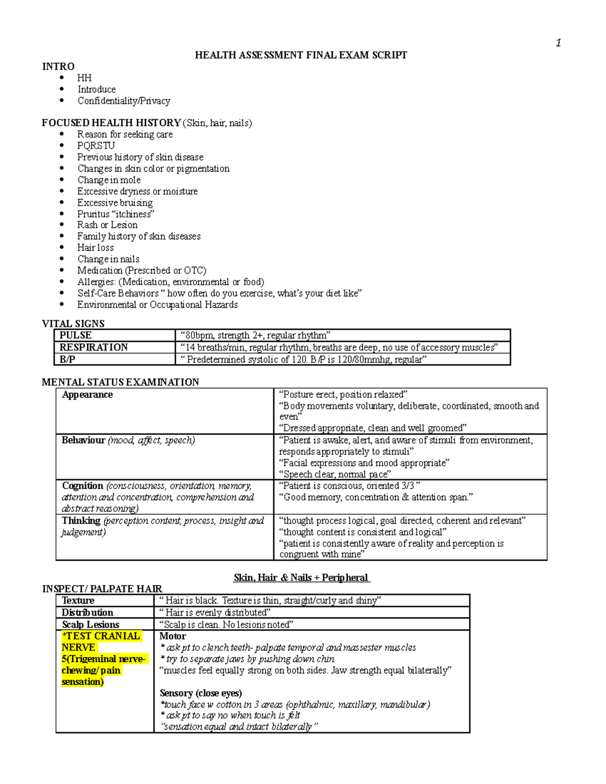 HEAL2003 6- Final EXAM - HEALTH ASSESSMENT FINAL EXAM SCRIPT INTRO HH ...