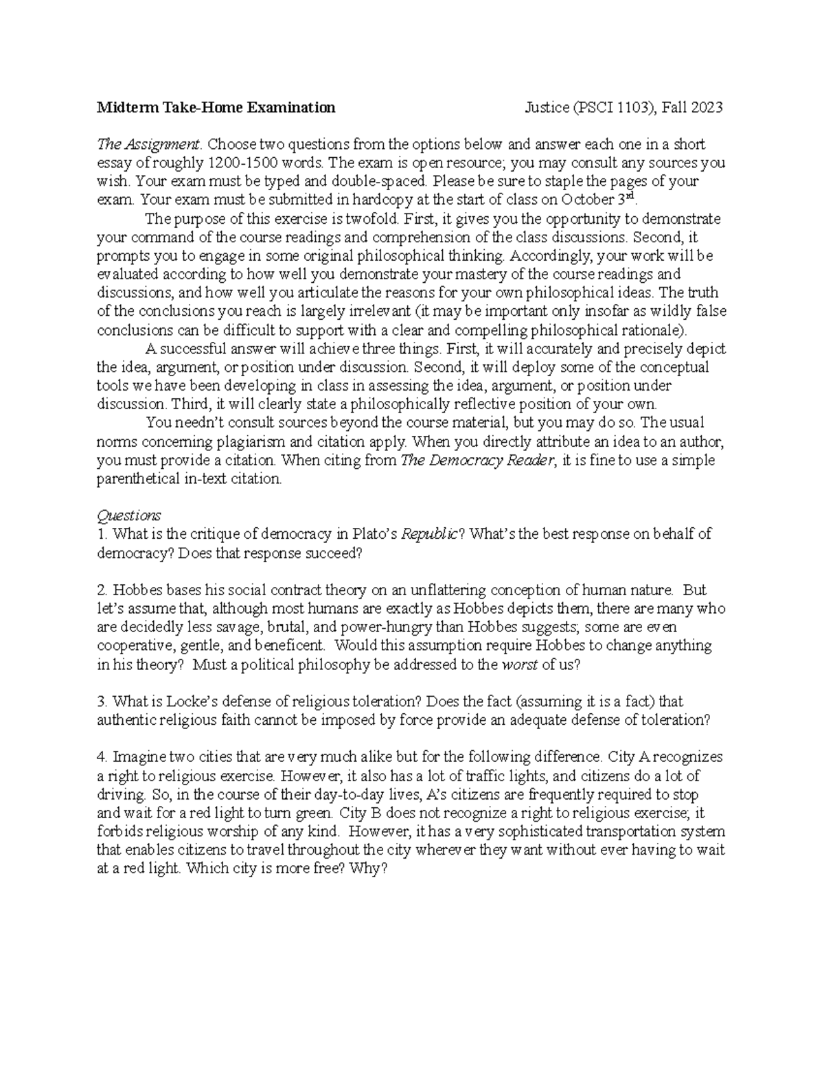 Justice F23 Midterm - Midterm Take-Home Examination Justice (PSCI 1103 ...
