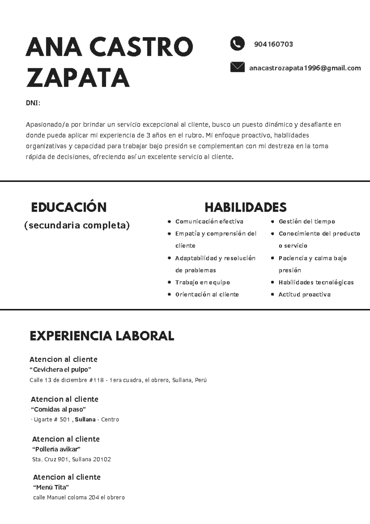 Curriculum Profesional Sin Foto Sencillo Blancoy Negro - EDUCACIÓN ...