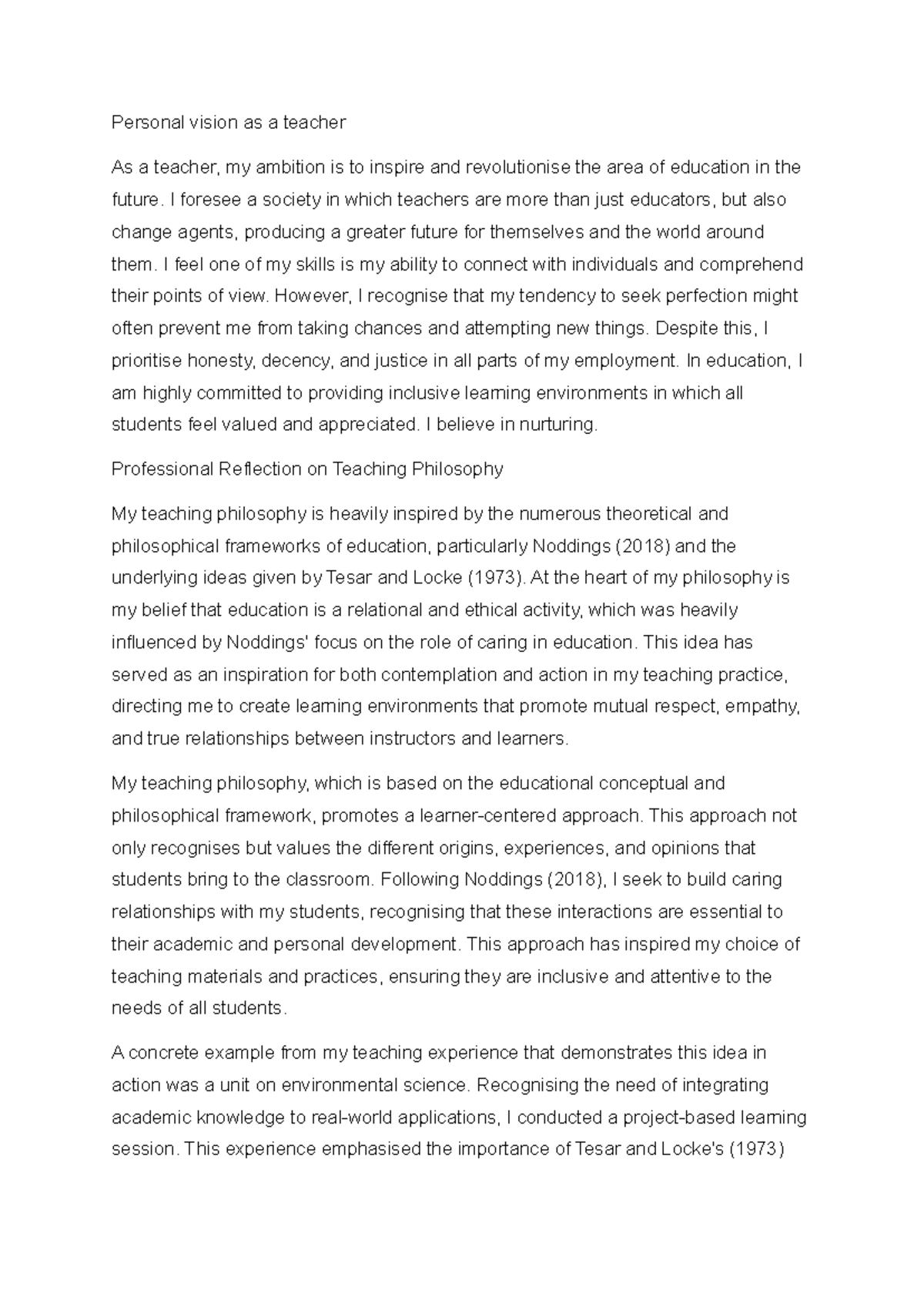profesional reflection - Personal vision as a teacher As a teacher, my ...