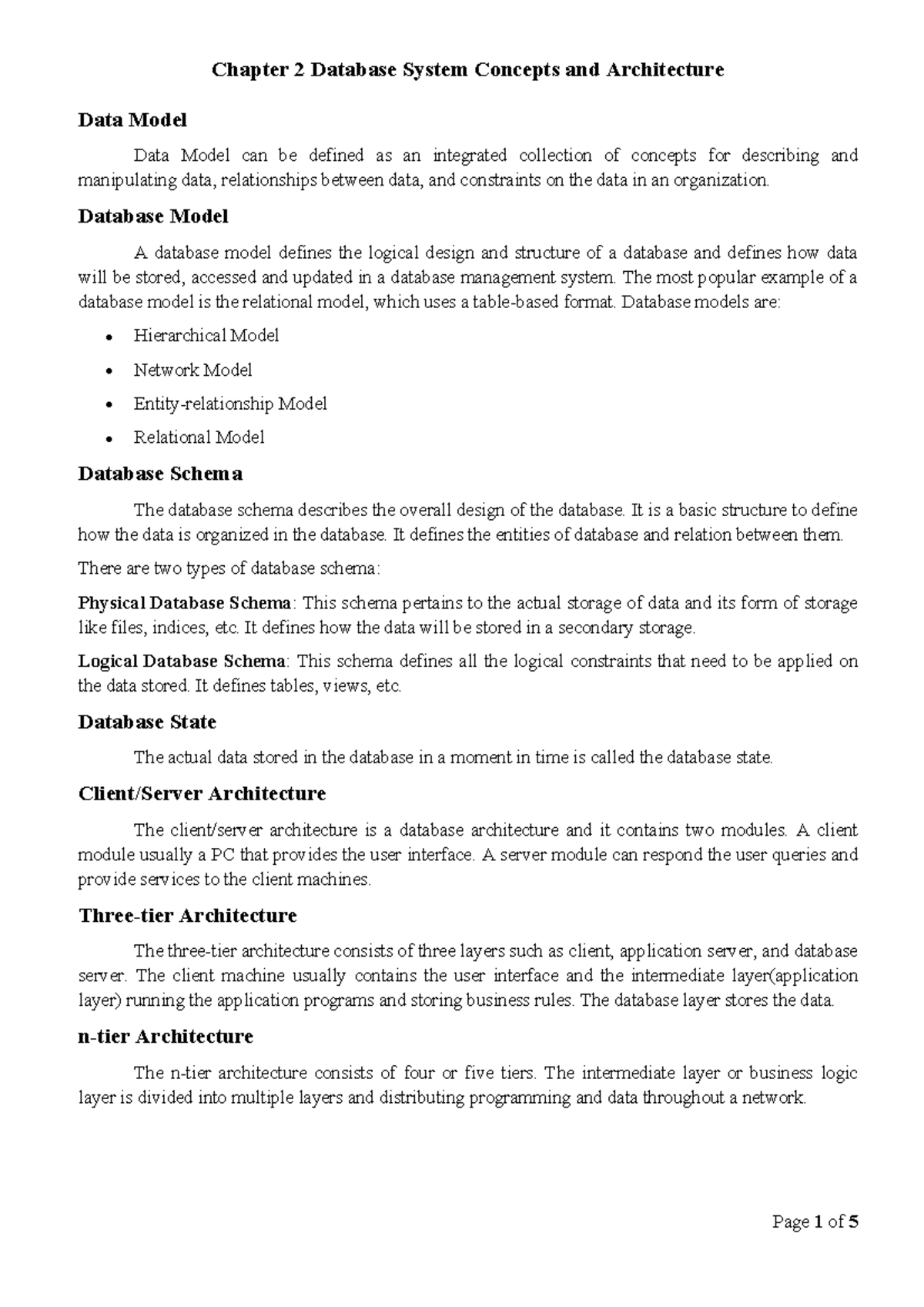 Chapter 2 review - Chapter 2 Database System Concepts and Architecture ...