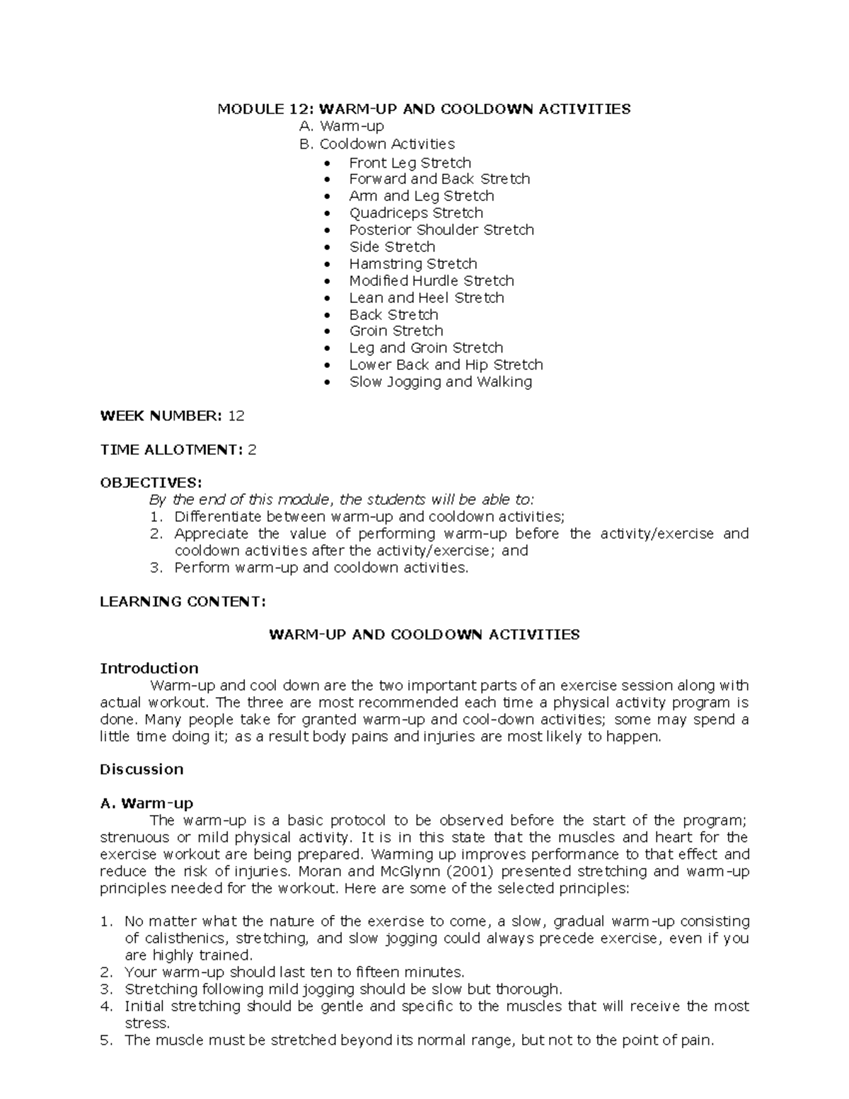 Module WEEK 12 PE002 Fitness Exercises - MODULE 12: WARM-UP AND ...