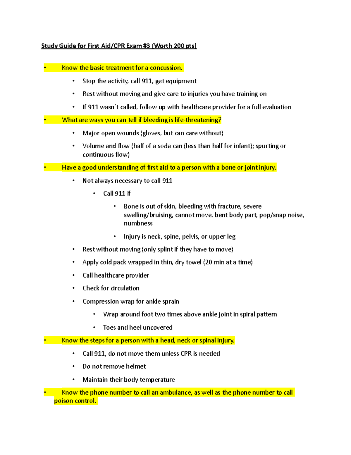 CPR Final Study Guide - Study Guide for First Aid/CPR Exam #3 (Worth ...