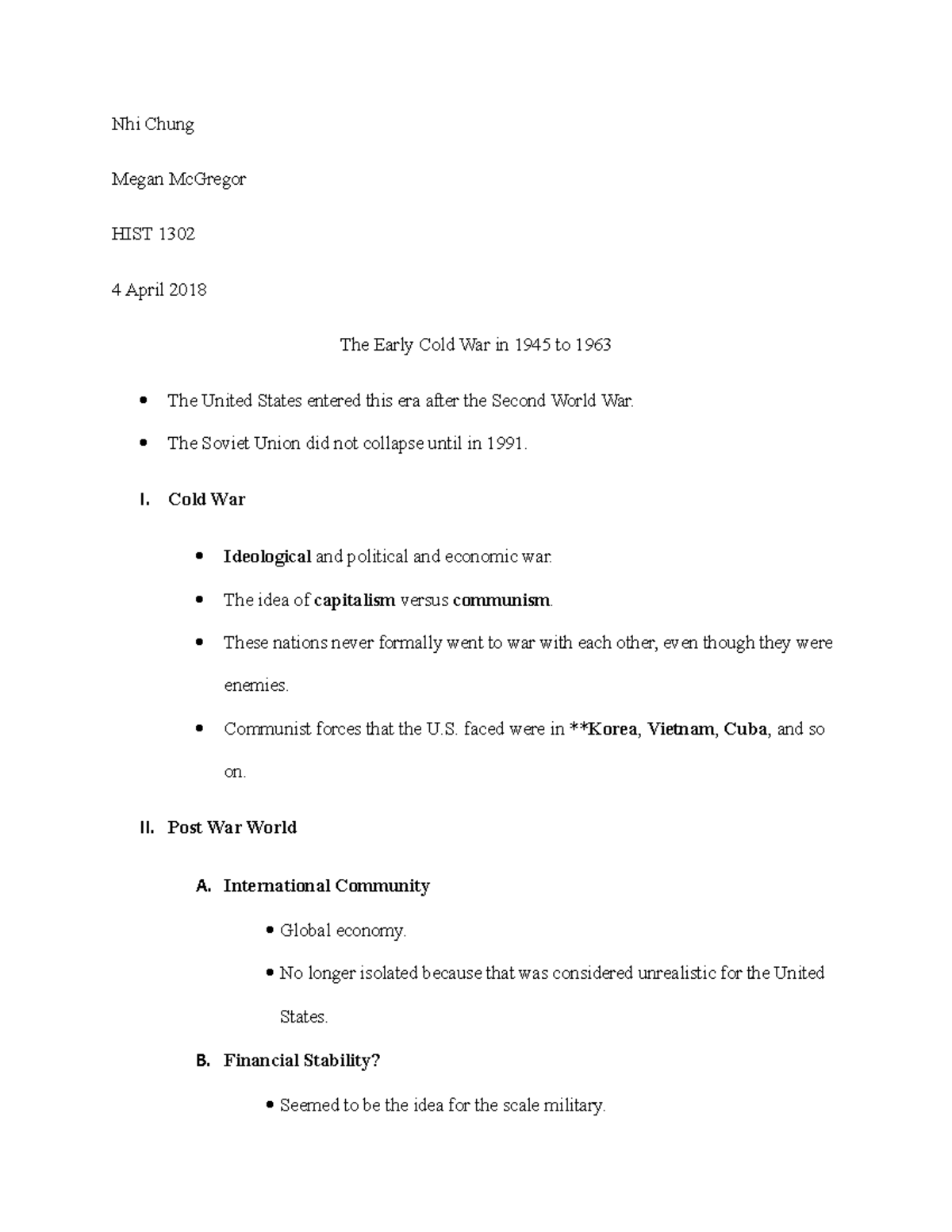 The Early Cold War in 1945 to 1963 - Nhi Chung Megan McGregor HIST 1302 ...