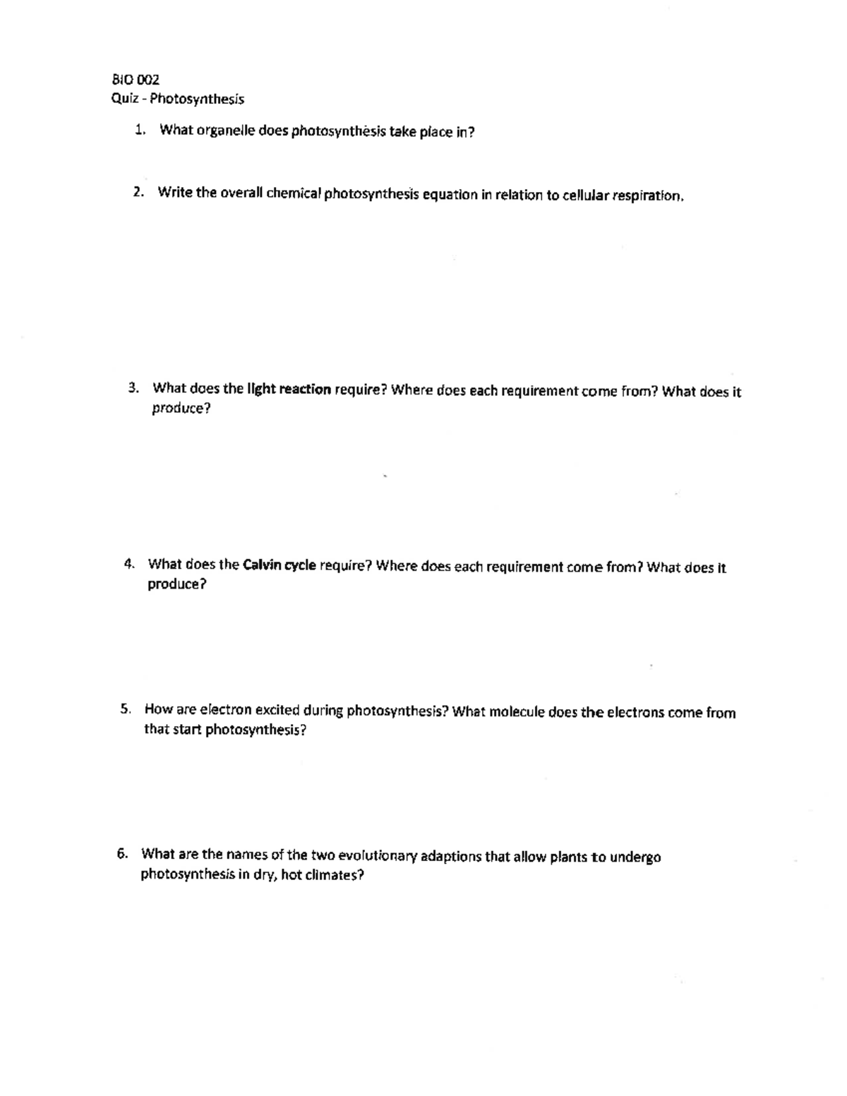 BIO 002 Photosynthesis Questions - BIO 002 - Studocu