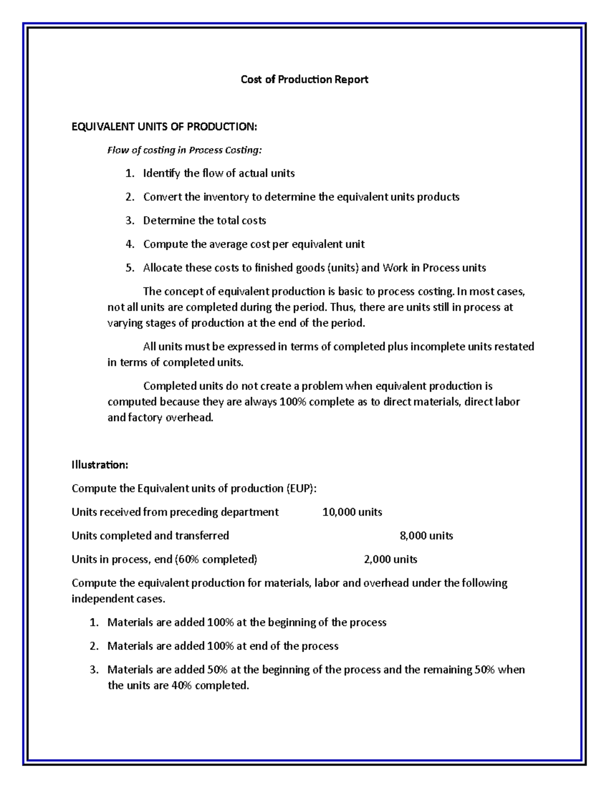 Cost of Production Report - Cost of Production Report EQUIVALENT UNITS ...
