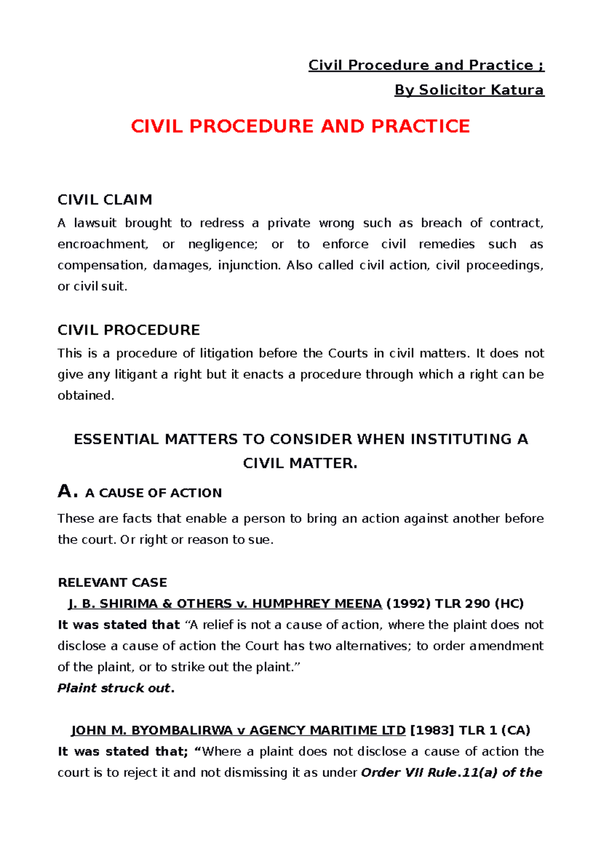 Civil Procedure and Practice for Law Sch - By Solicitor Katura CIVIL ...