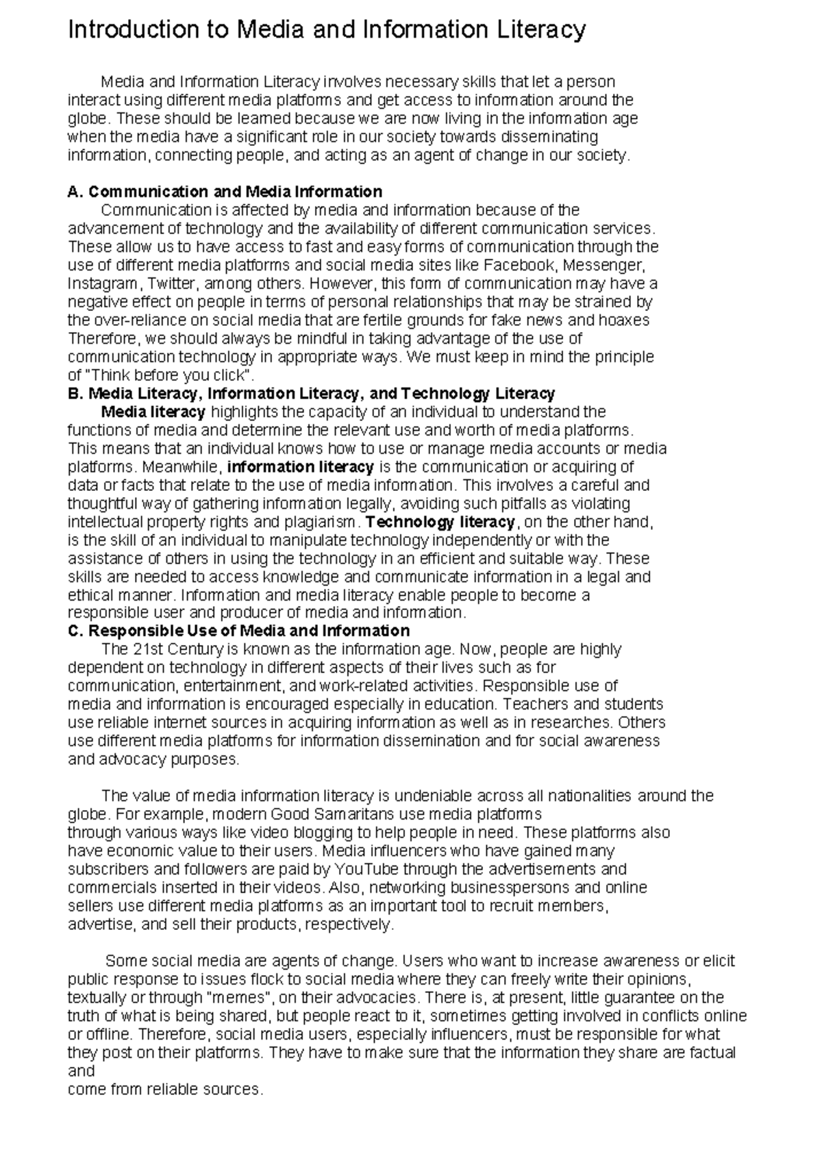 Introduction to Media and Information Literacy - These should be ...