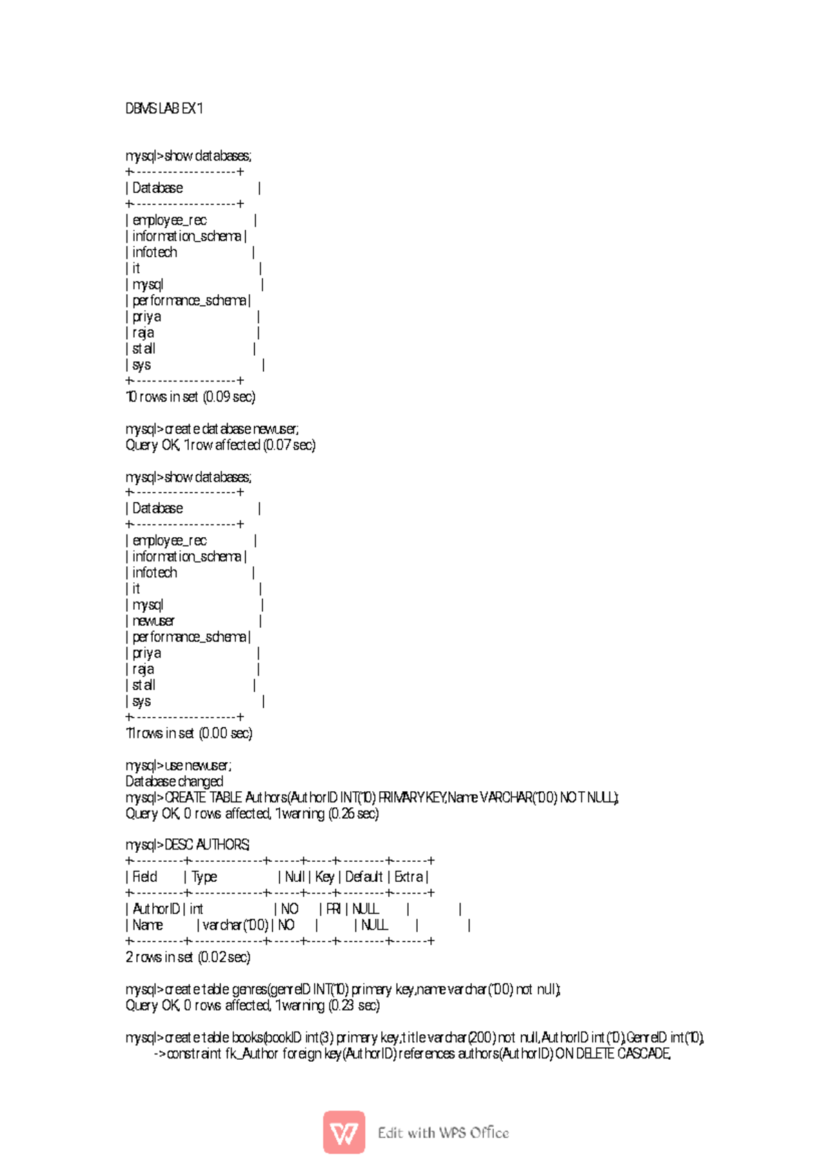 Dbms Lab Ex Lab Exercises Input And Output Dbmslabex 1 Mysql Showdatabases Database
