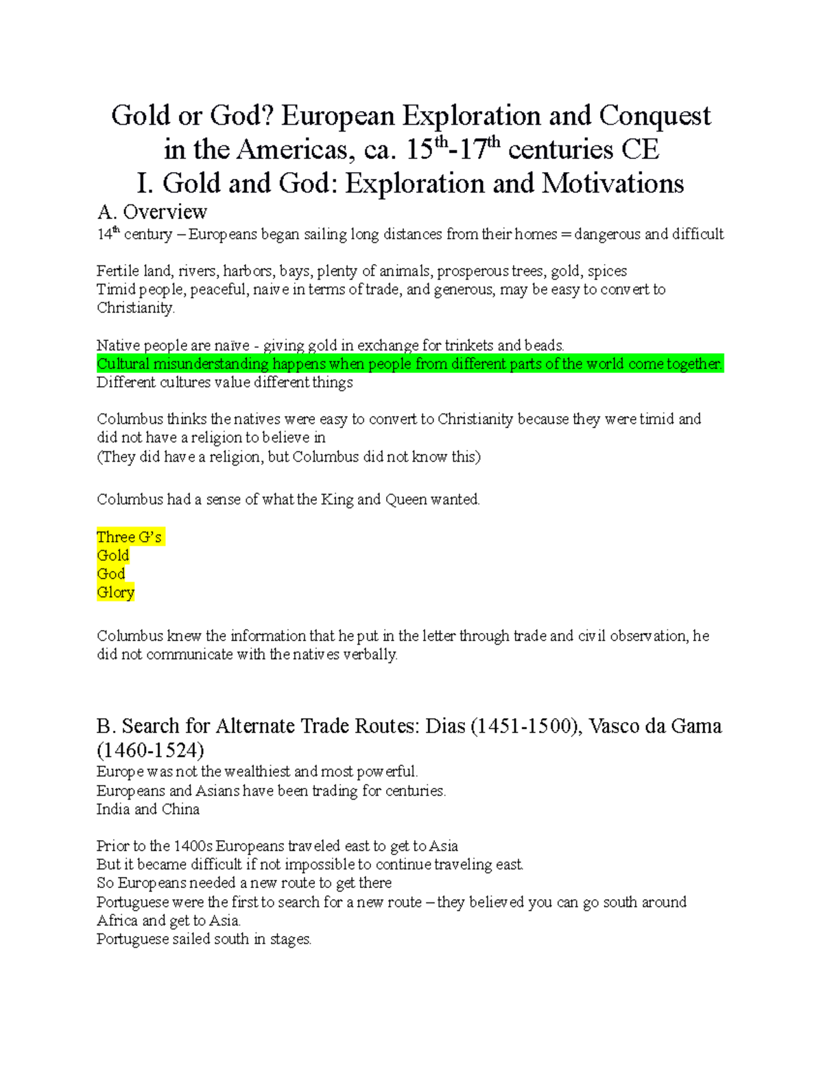 Exploration Conquest Outline - Unit 1 (1-30) - Gold or God? European ...