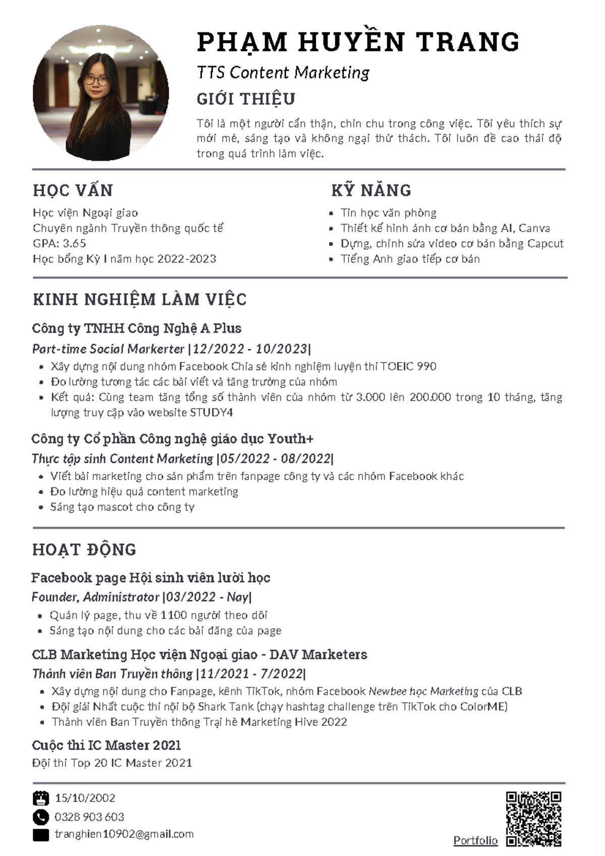 CV Phạm Huyền Trang - KINH NGHIỆM LÀM VIỆC Công ty Cổ phần Công nghệ ...