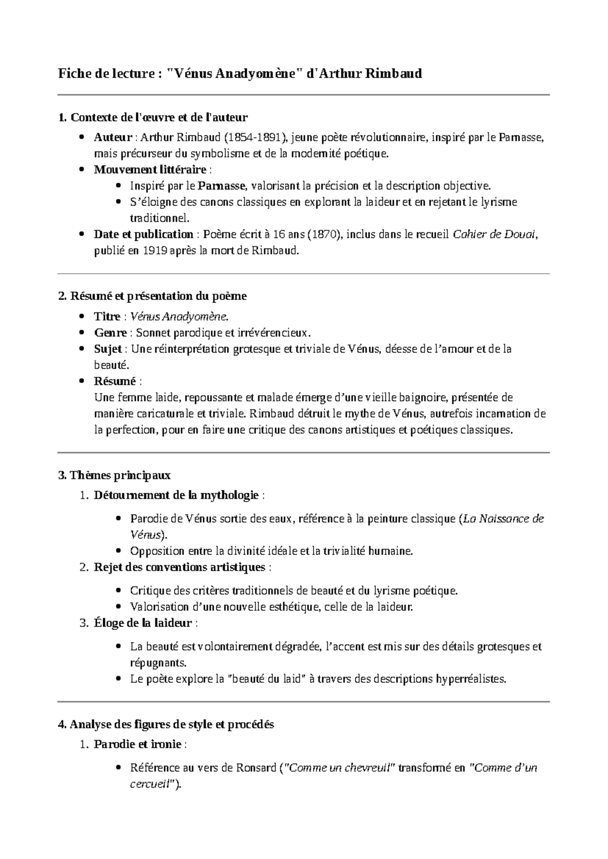Venus anadyomene rimbaud - Fiche de lecture : "Vénus Anadyomène" d ...