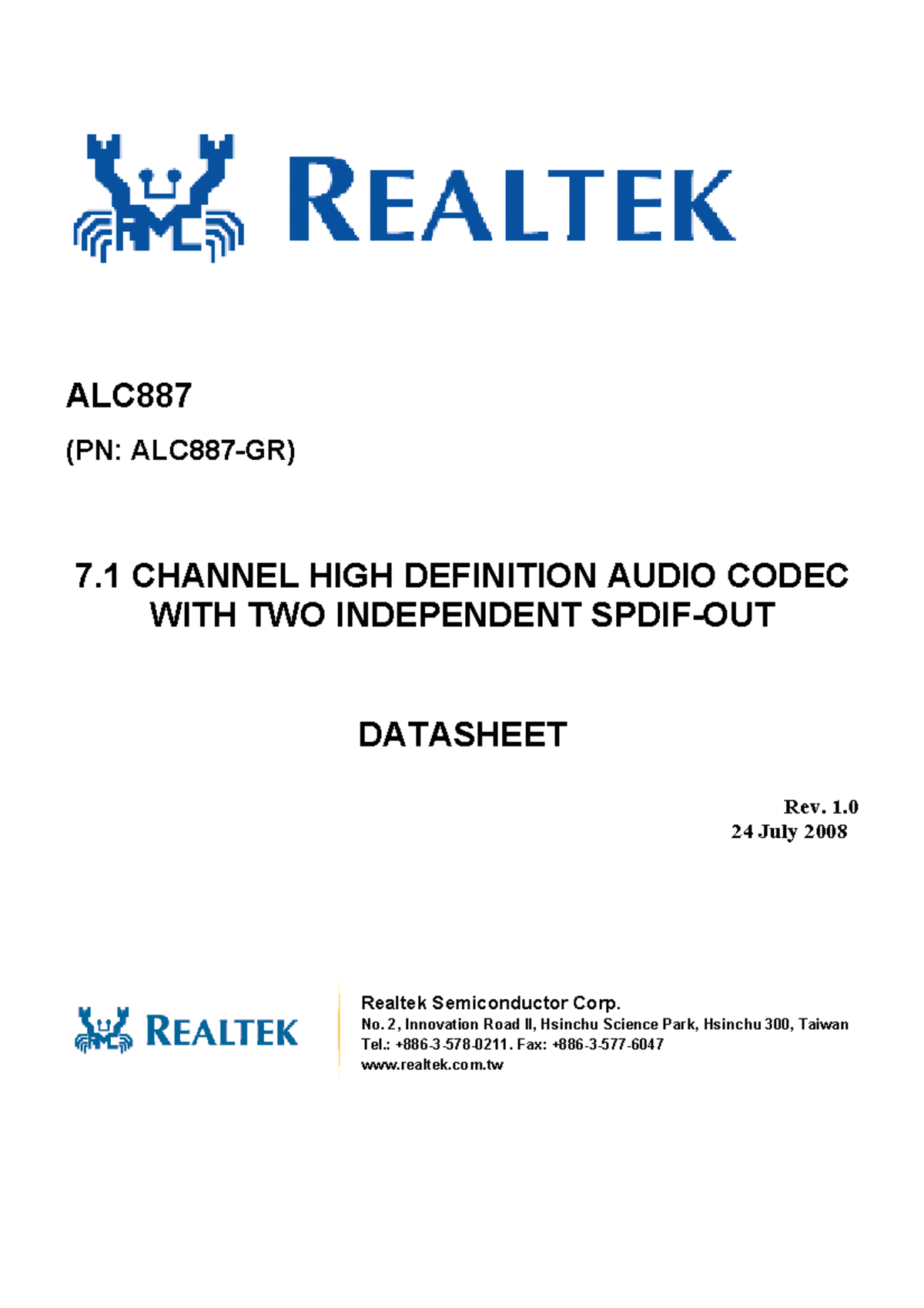 ALC887-Realtek Microelectronics - (PN: ALC887-GR) 7 CHANNEL HIGH ...