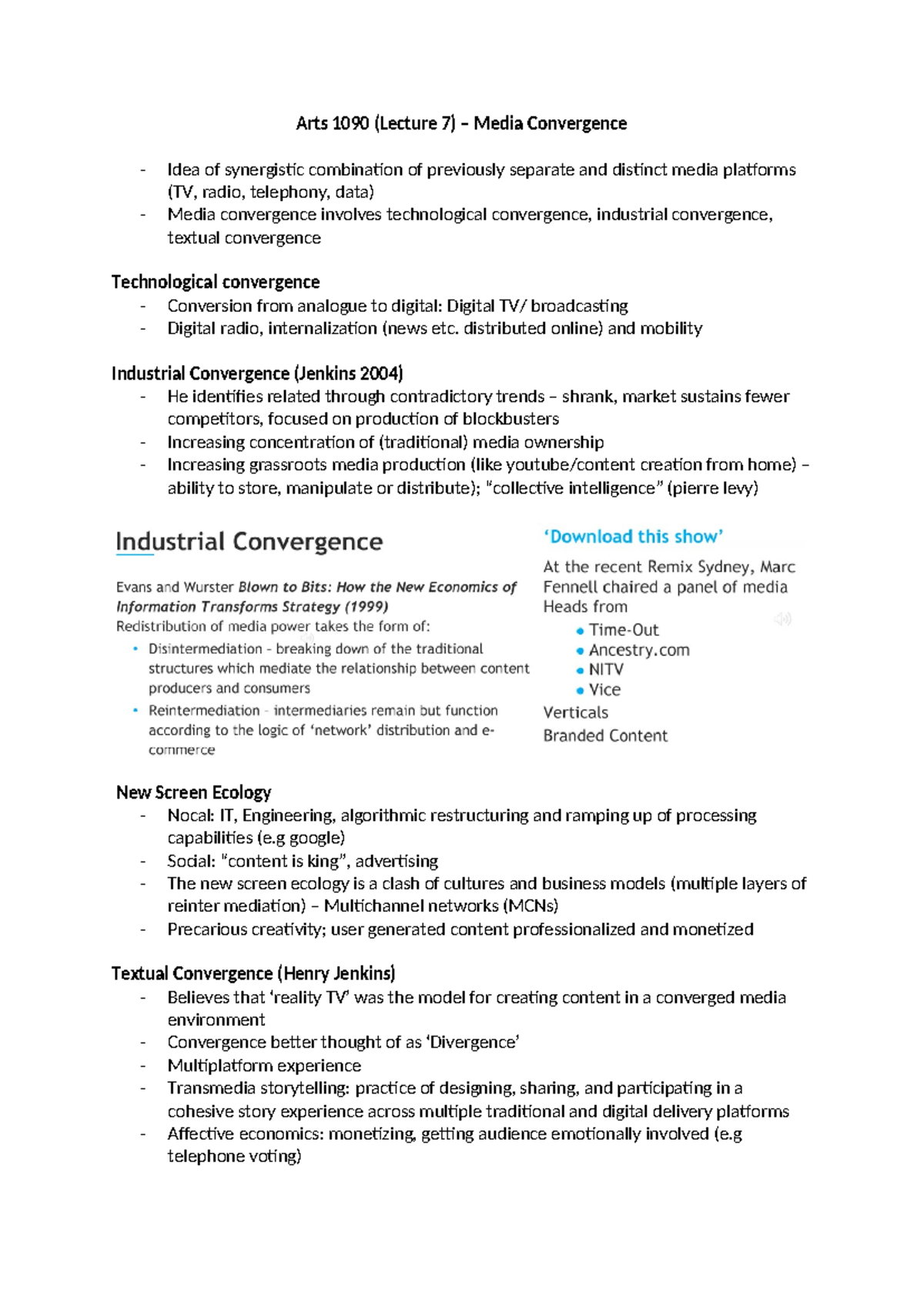 Arts 1090 (Lecture 7) - Arts 1090 (Lecture 7) – Media Convergence Idea ...