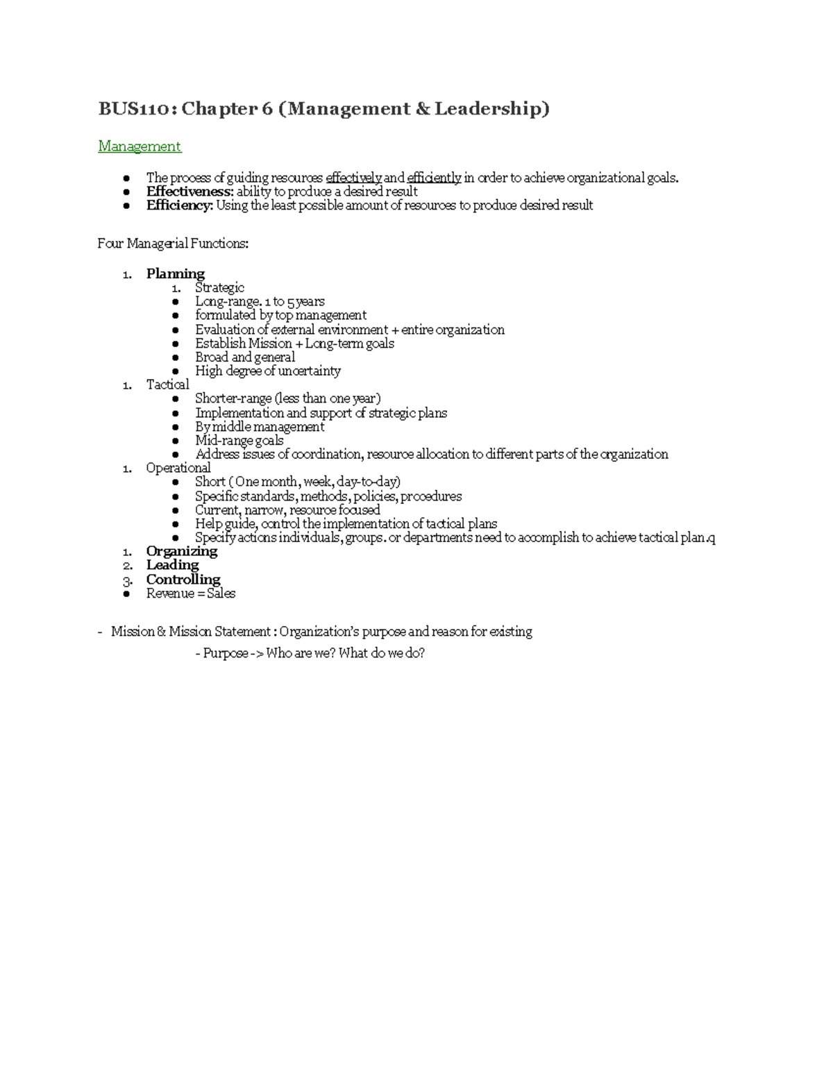 Chapter 6 - BUS110: Chapter 6 (Management & Leadership) Management The ...