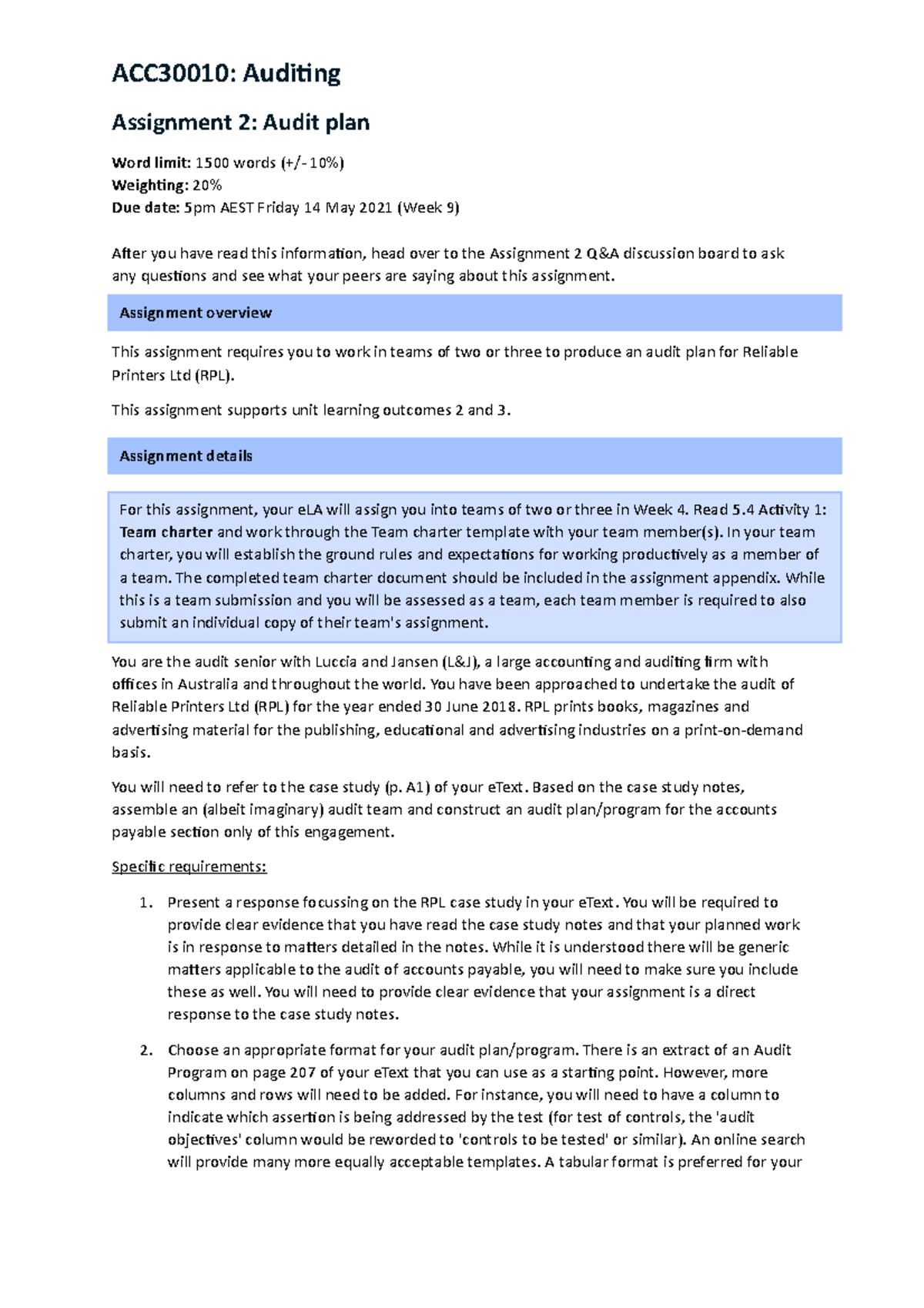 Assignment 2 Audit Plan Outline - ACC30010: Auditing Assignment 2 ...